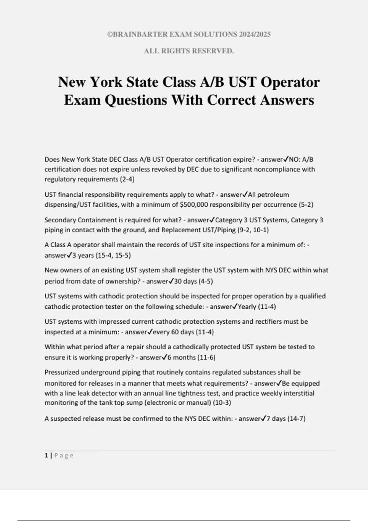 New York State Class A/B UST Operator Exam Questions With Correct Answers - New York State ...