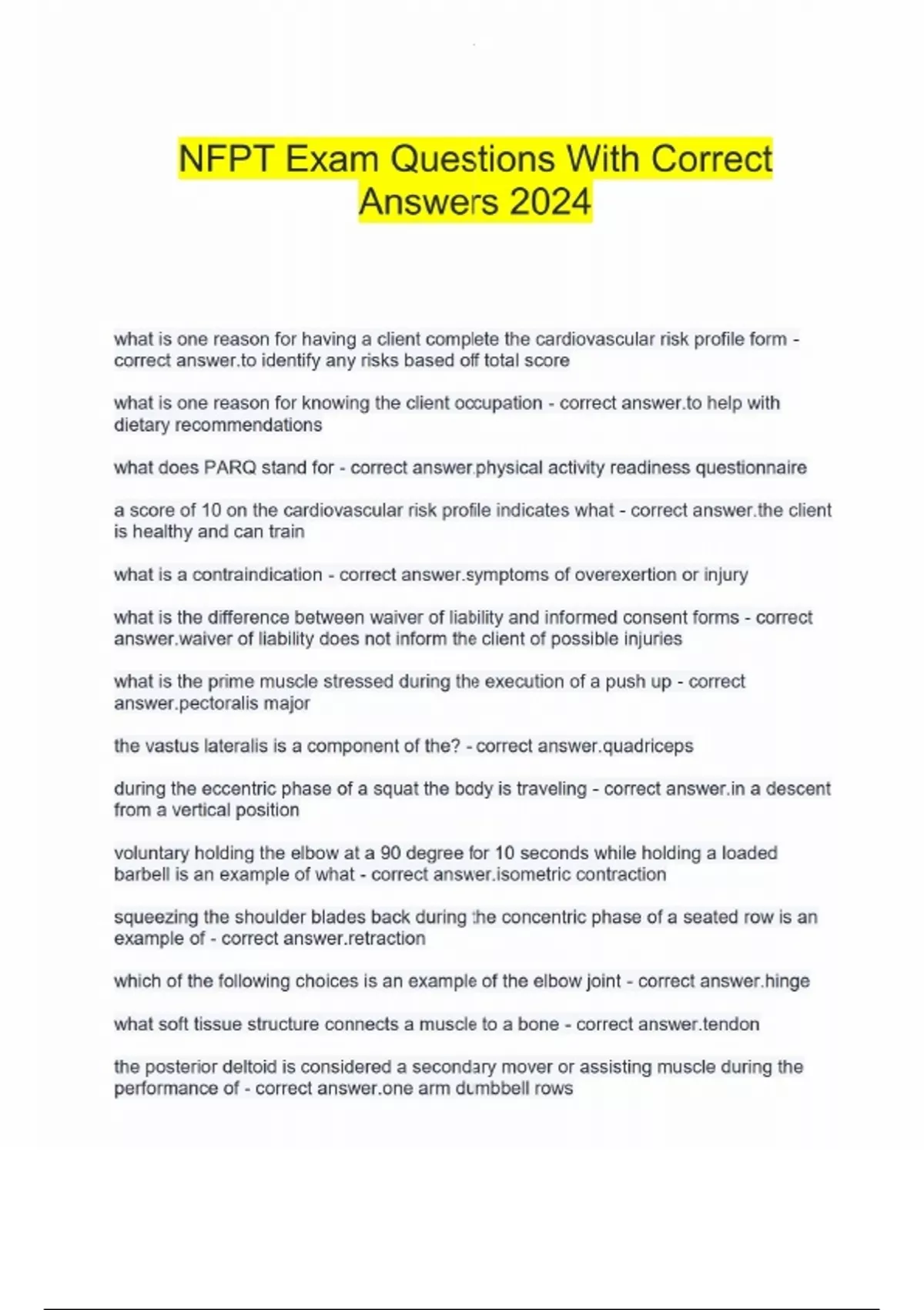 NFPT Exam Questions With Correct Answers 2024 - NFPT - Stuvia US