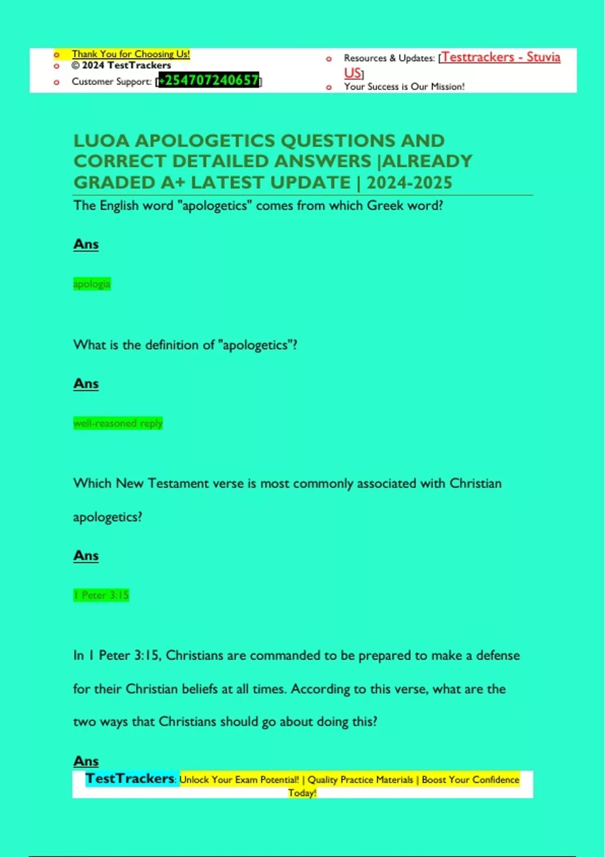 LUOA APOLOGETICS ACTUAL QUESTIONS AND CORRECT DETAILED ANSWERS |ALREADY ...