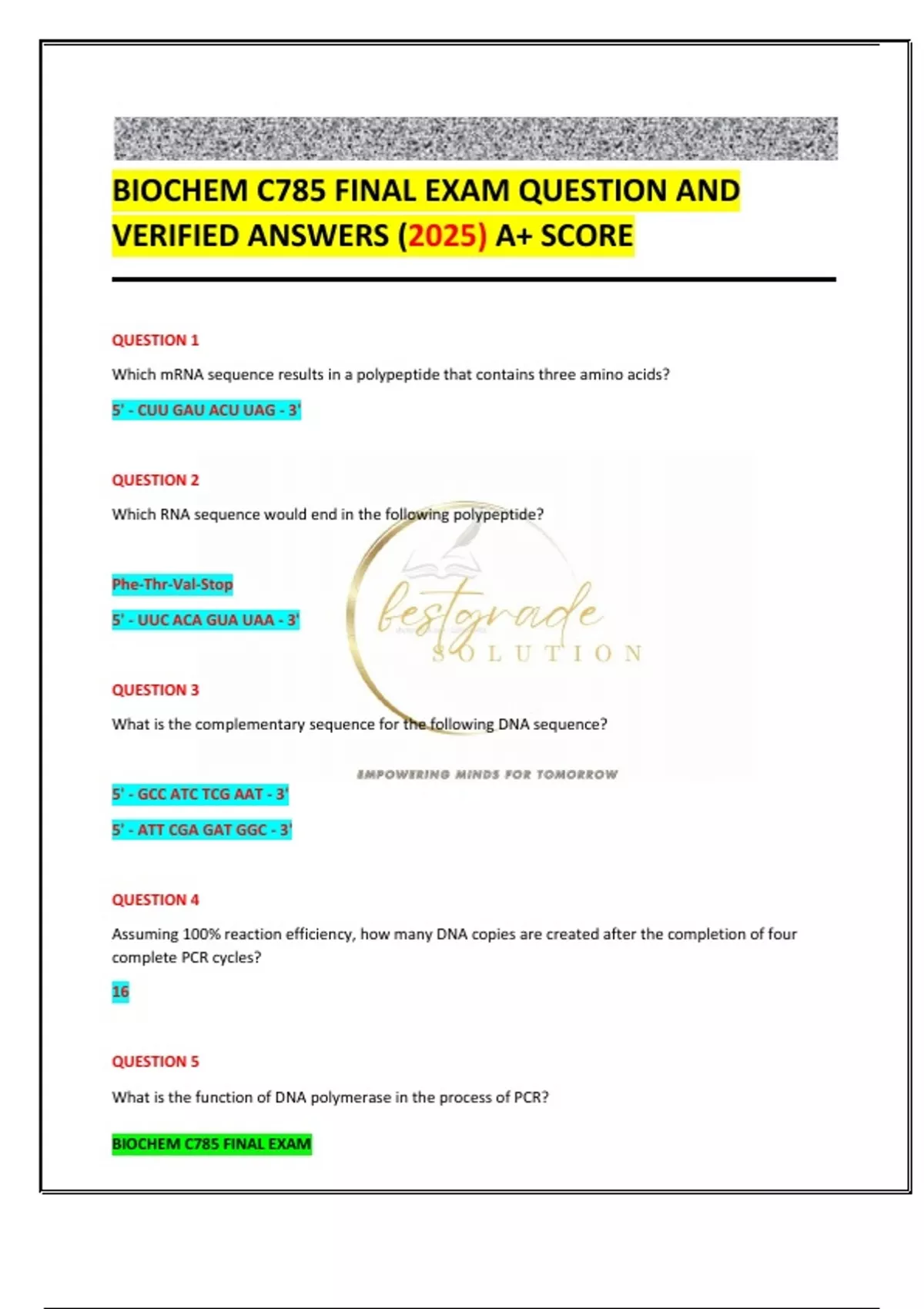 BIOCHEM C785 FINAL EXAM QUESTION AND VERIFIED ANSWERS (2025) A+ SCORE ...