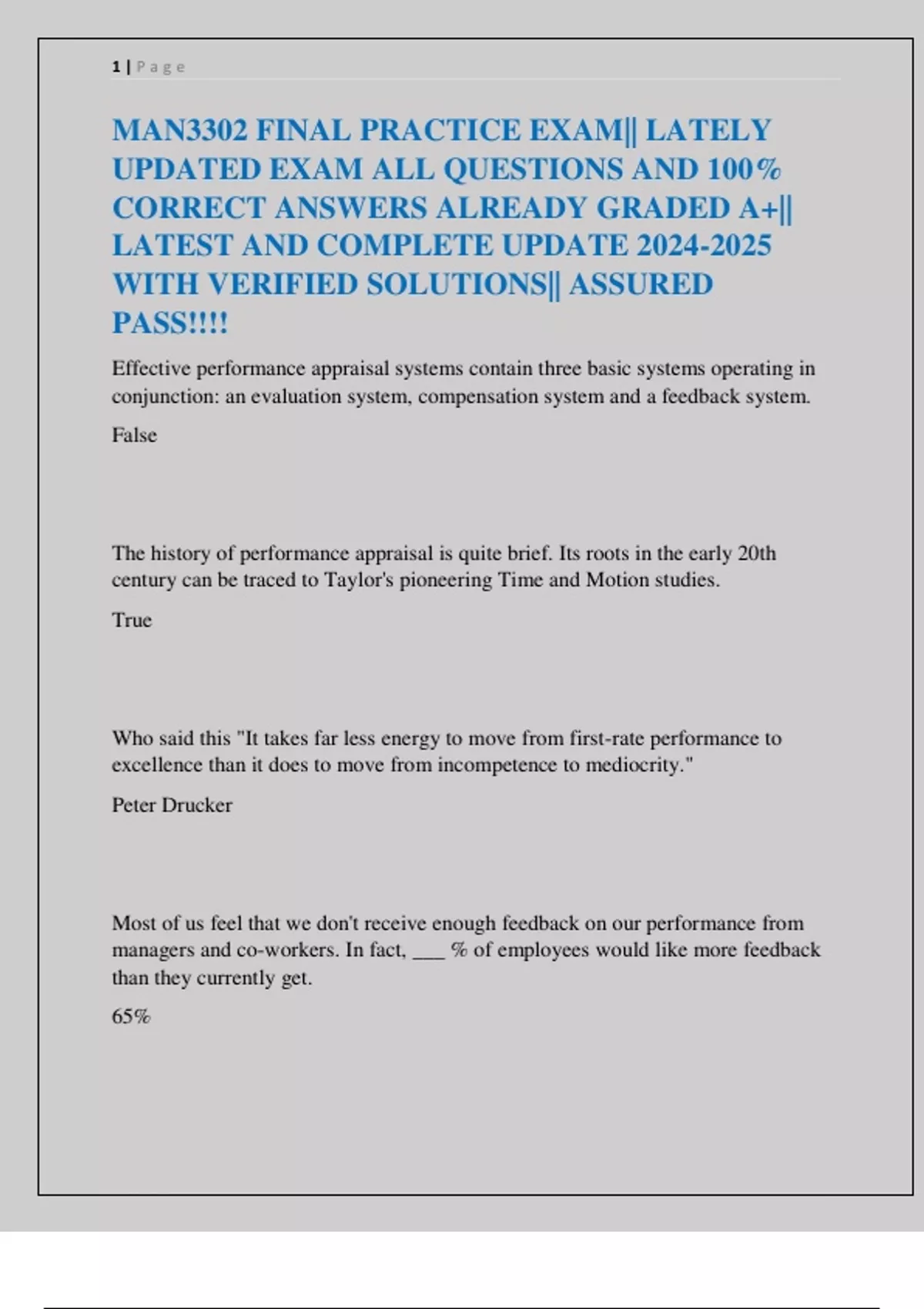 MAN3302 FINAL PRACTICE EXAM|| LATELY UPDATED EXAM ALL QUESTIONS AND 100 ...