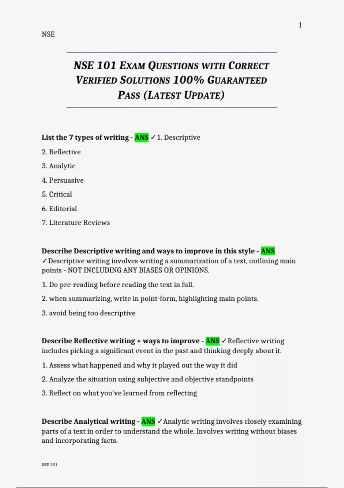 NSE 101 EXAM QUESTIONS WITH CORRECT VERIFIED SOLUTIONS 100% GUARANTEED ...