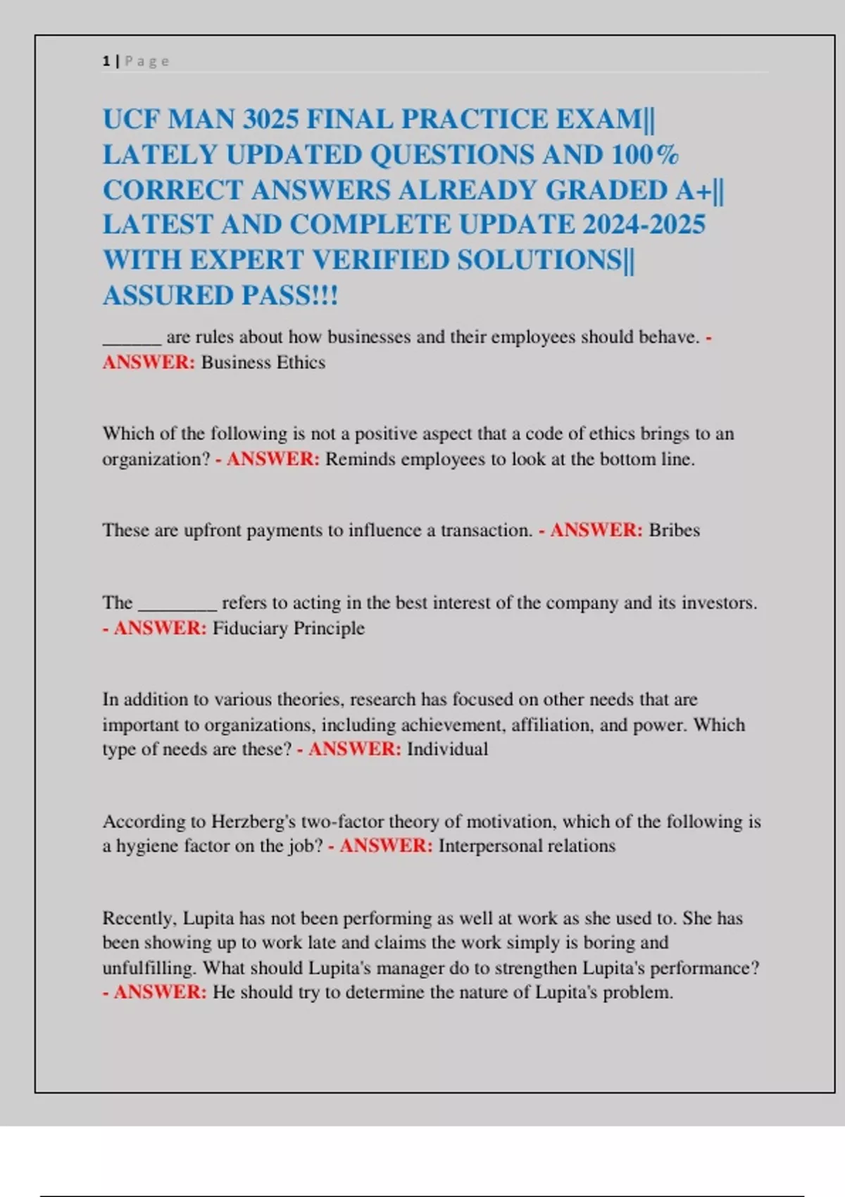 UCF MAN 3025 FINAL PRACTICE EXAM|| LATELY UPDATED QUESTIONS AND 100% ...