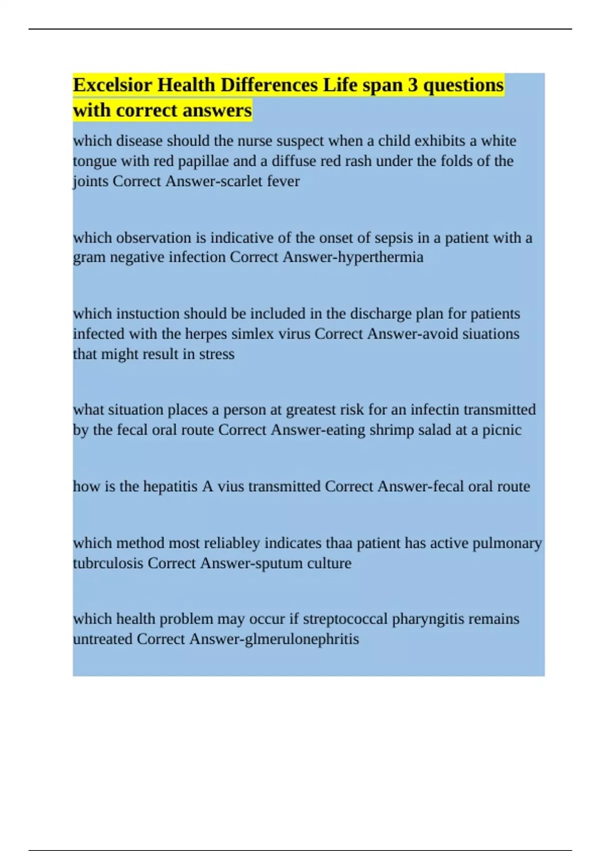 Excelsior Health Differences Life span 3 questions with correct answer1 ...