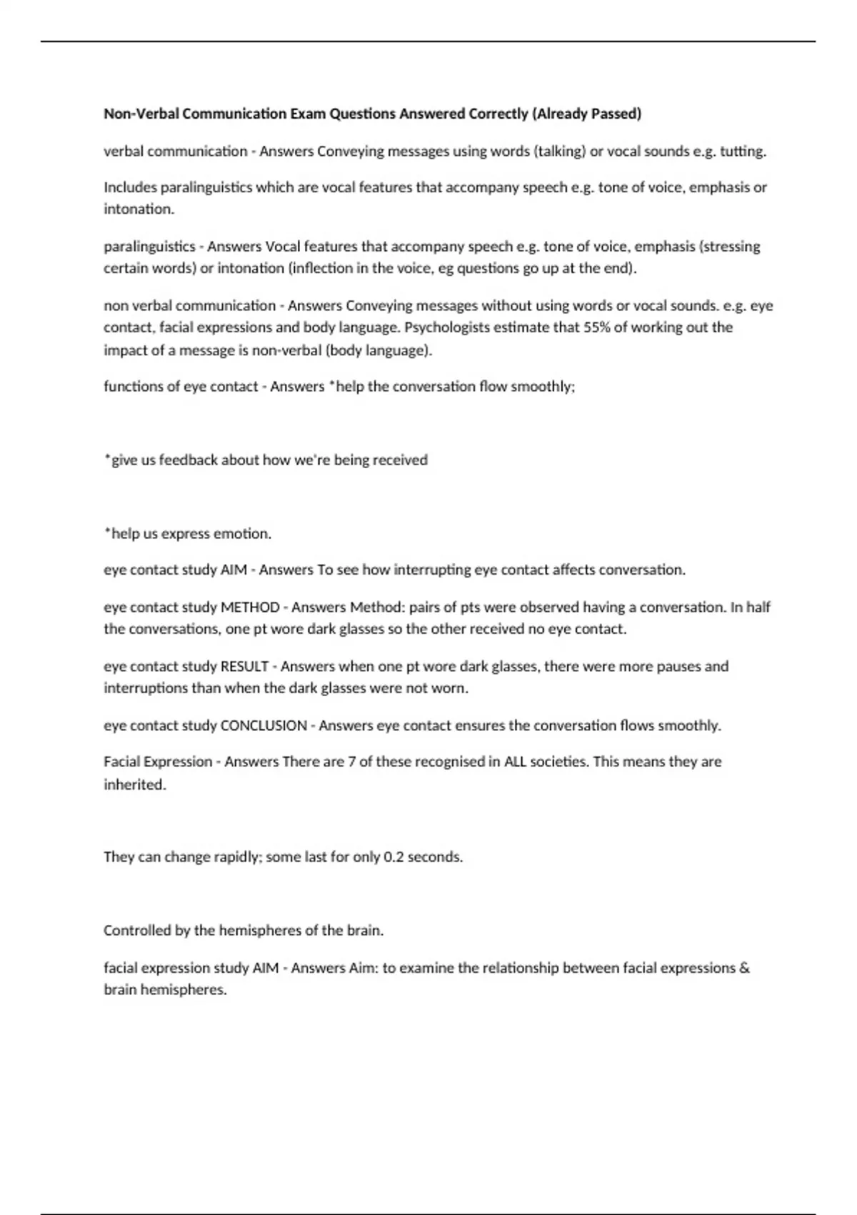 Non-Verbal Communication Exam Questions Answered Correctly (Already ...