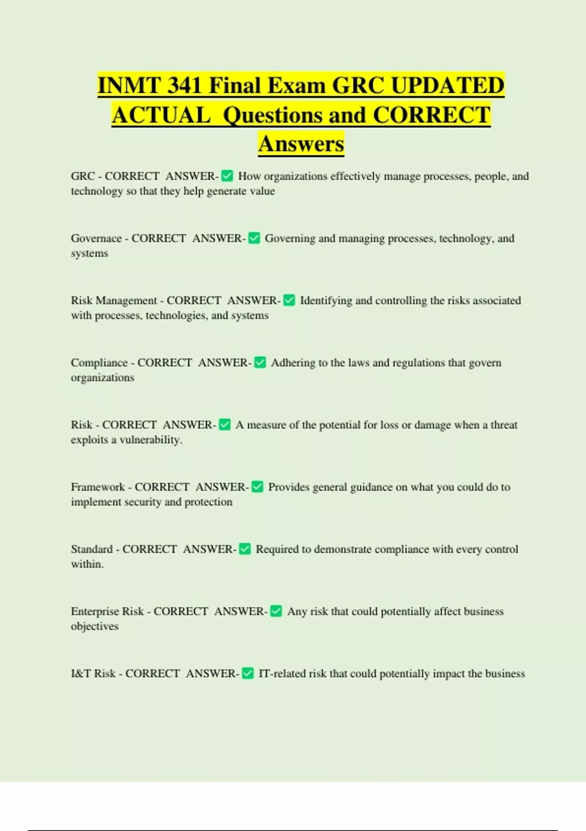 INMT 341 Final Exam GRC UPDATED ACTUAL Questions and CORRECT Answers - INMT 341 - Stuvia US