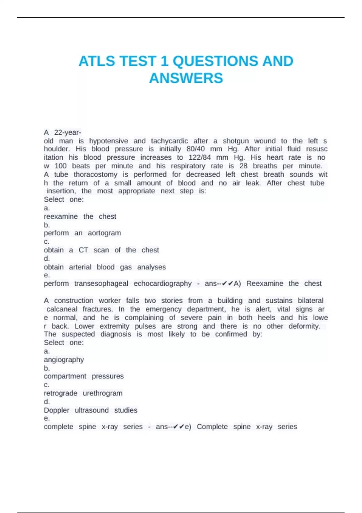 ATLS MCQ Test 1 Latest 2023 With Complete Solution - ATLS - Stuvia US