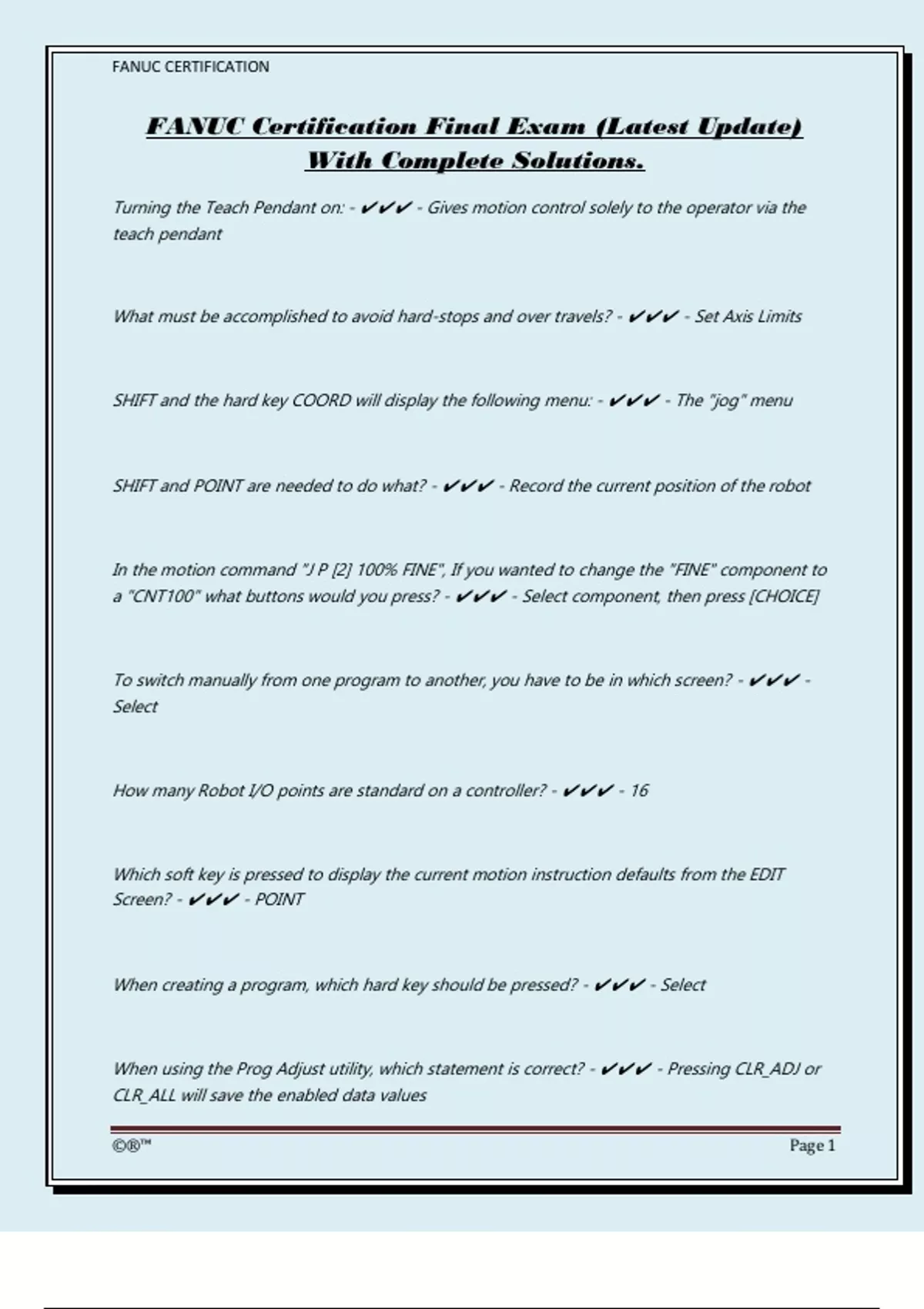 FANUC Certification Final Exam (Latest Update) With Complete Solutions ...