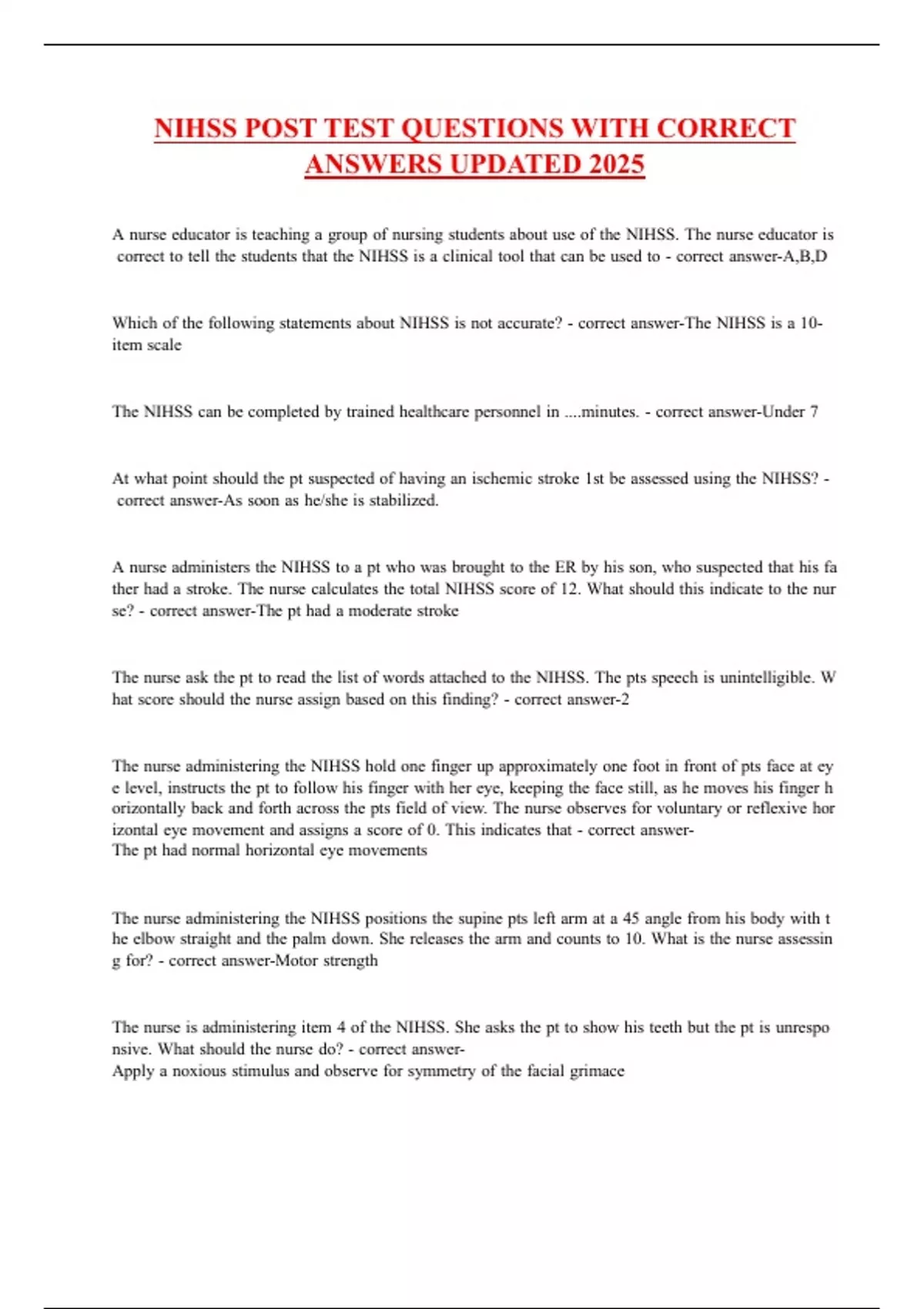 NIHSS POST TEST QUESTIONS WITH CORRECT ANSWERS UPDATED 2025 - NIHSS ...