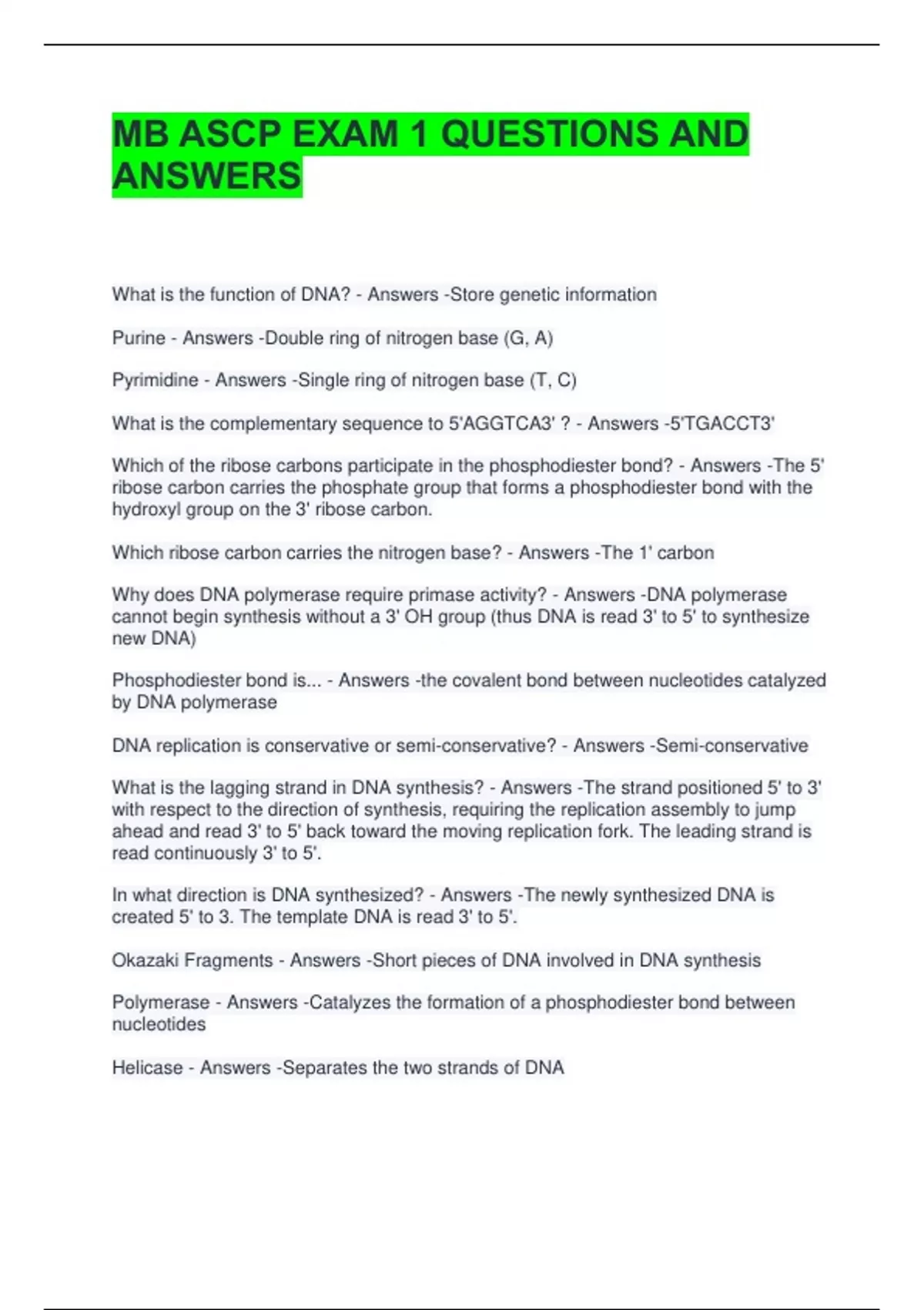 MB ASCP EXAM 1 QUESTIONS AND ANSWERS 2025 - Mb ASCP - Stuvia US