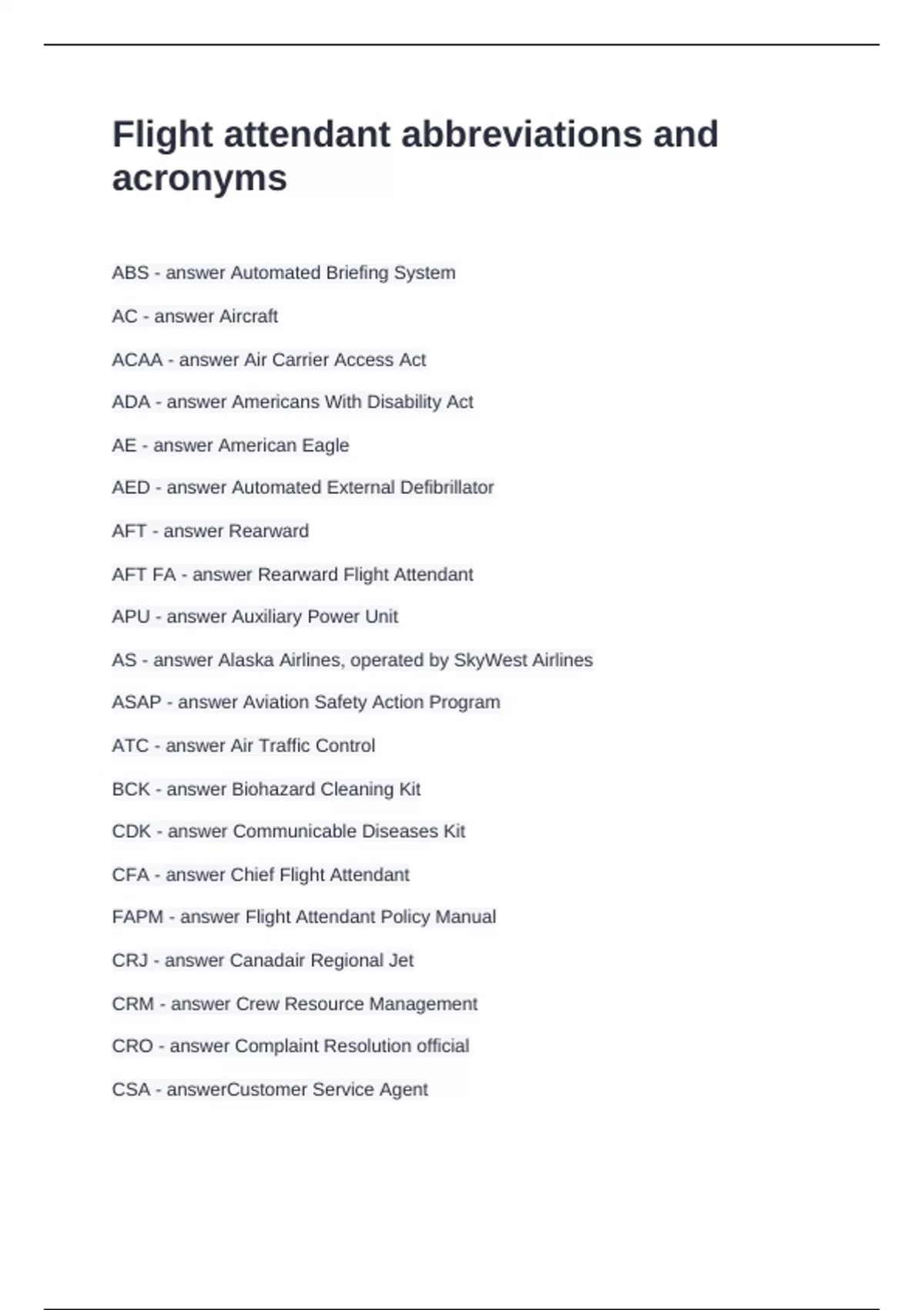 Flight attendant abbreviations and acronyms Questions and Answers ...