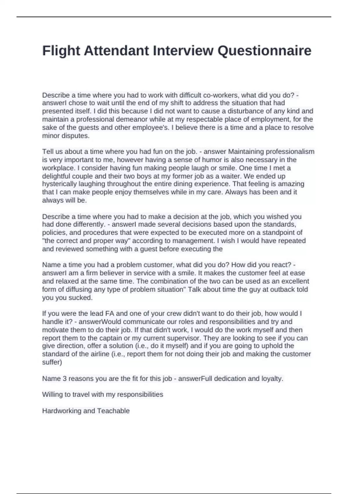 Flight Attendant Interview Questionnaire Questions and Answers 100% ...