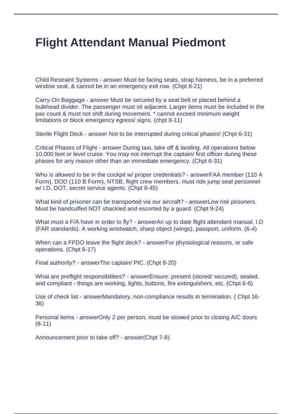 Flight Attendant Manual Piedmont Questions and Answers 2024 - Flight ...