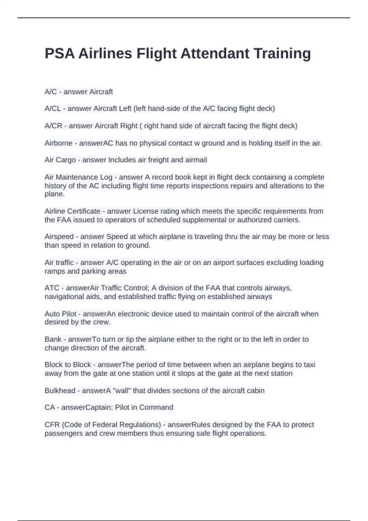 PSA Airlines Flight Attendant Training Questions and Answers - Flight ...