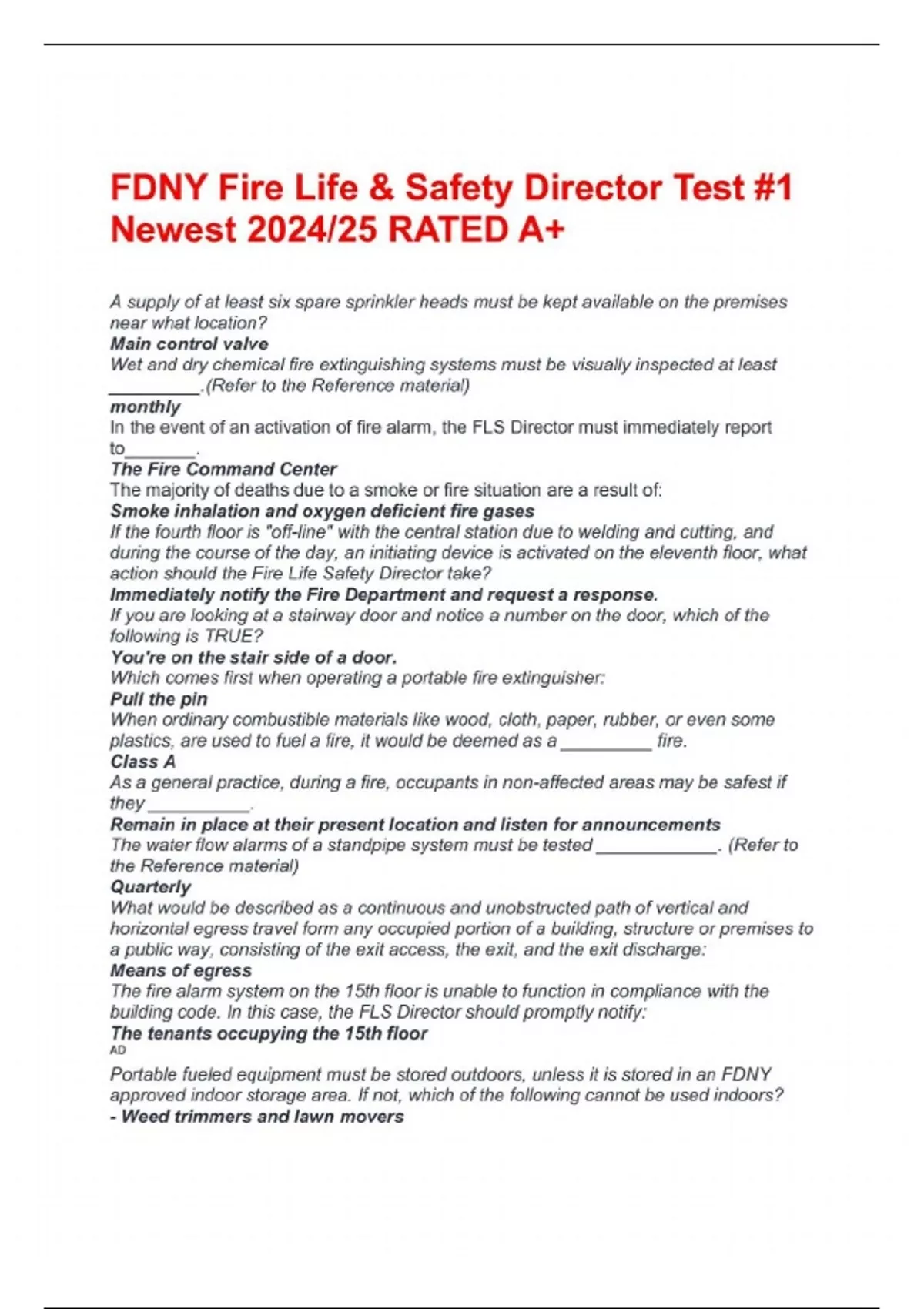 FDNY Fire Life & Safety Director Test #1 Newest 2024/25 RATED A+ - FDNY ...