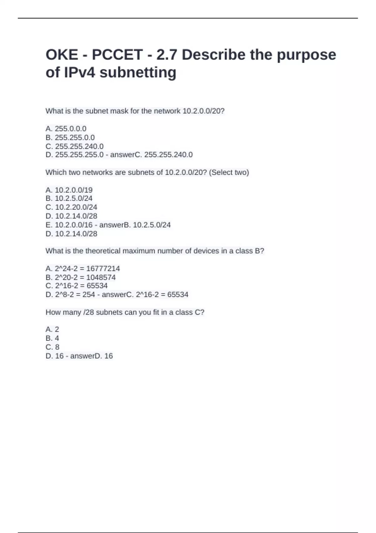 OKE - PCCET - 2.7 Describe the purpose of IPv4 subnetting Questions and ...