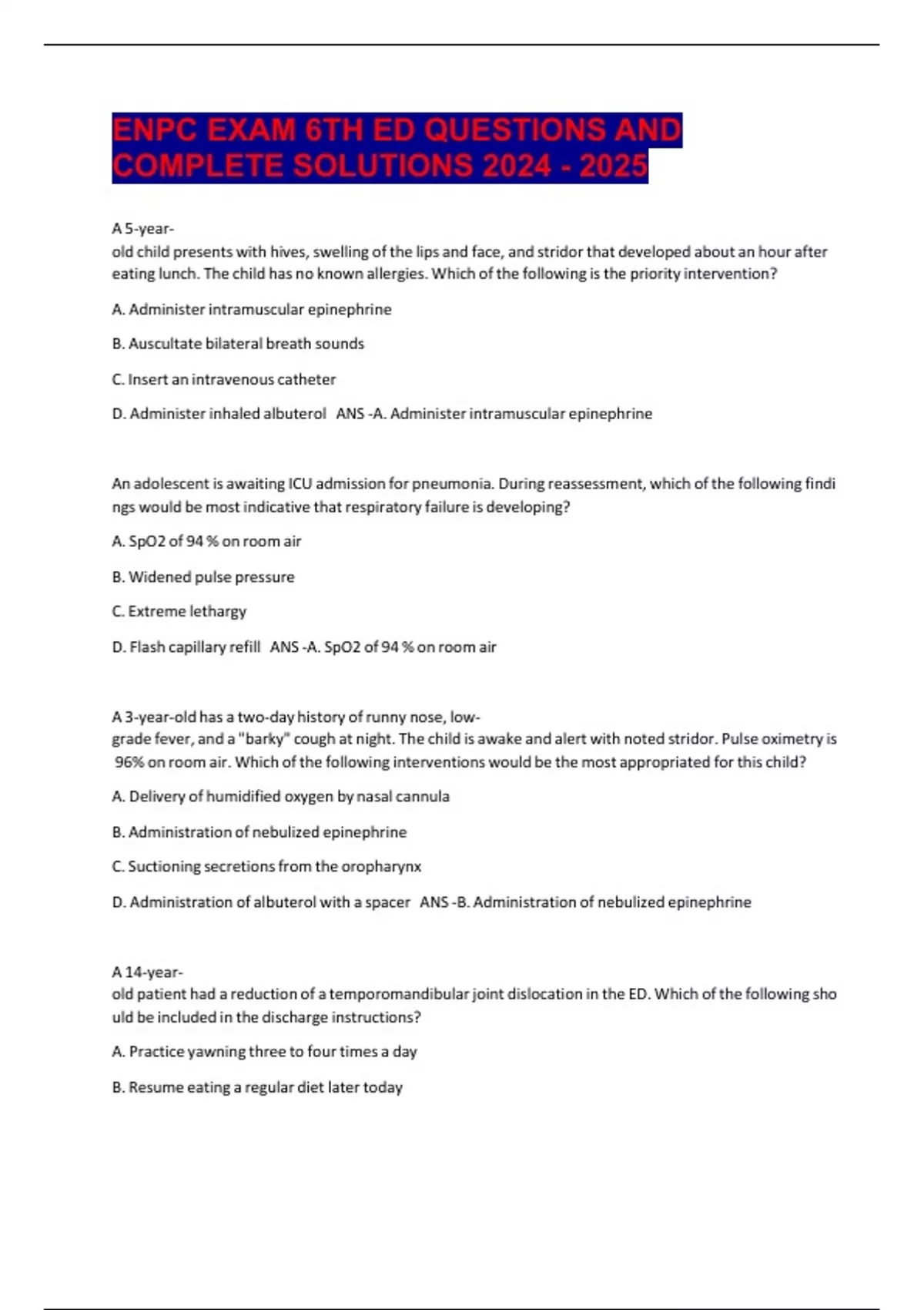 ENPC EXAM 6TH ED QUESTIONS AND COMPLETE SOLUTIONS - ENPC - Stuvia US