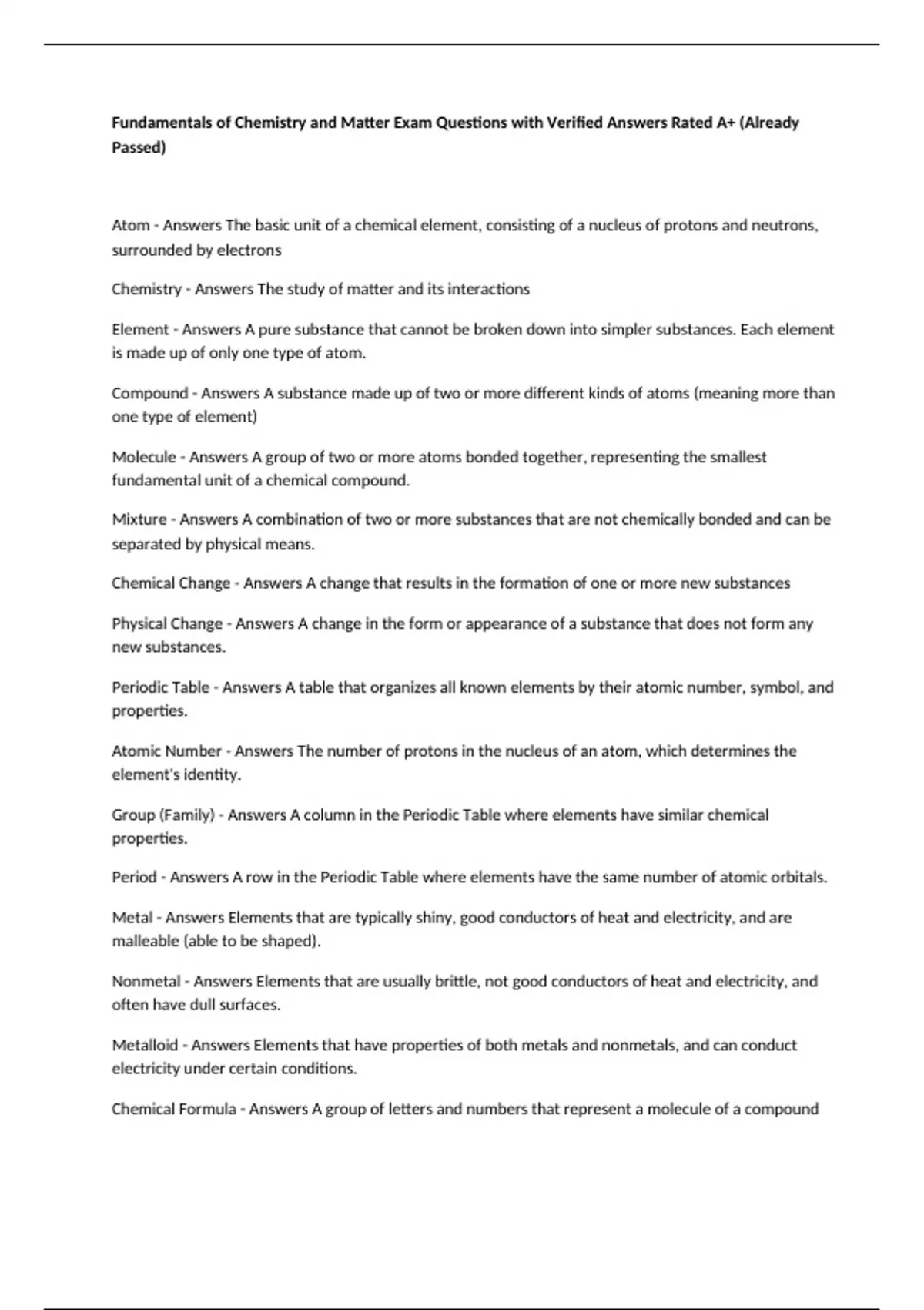 Fundamentals of Chemistry and Matter Exam Questions with Verified ...
