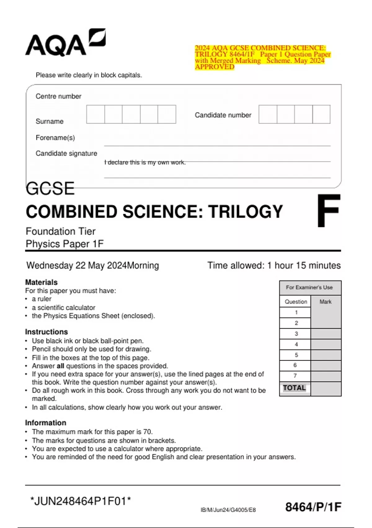 2024 AQA GCSE COMBINED SCIENCE: TRILOGY 8464/1F Physics Paper 1 ...