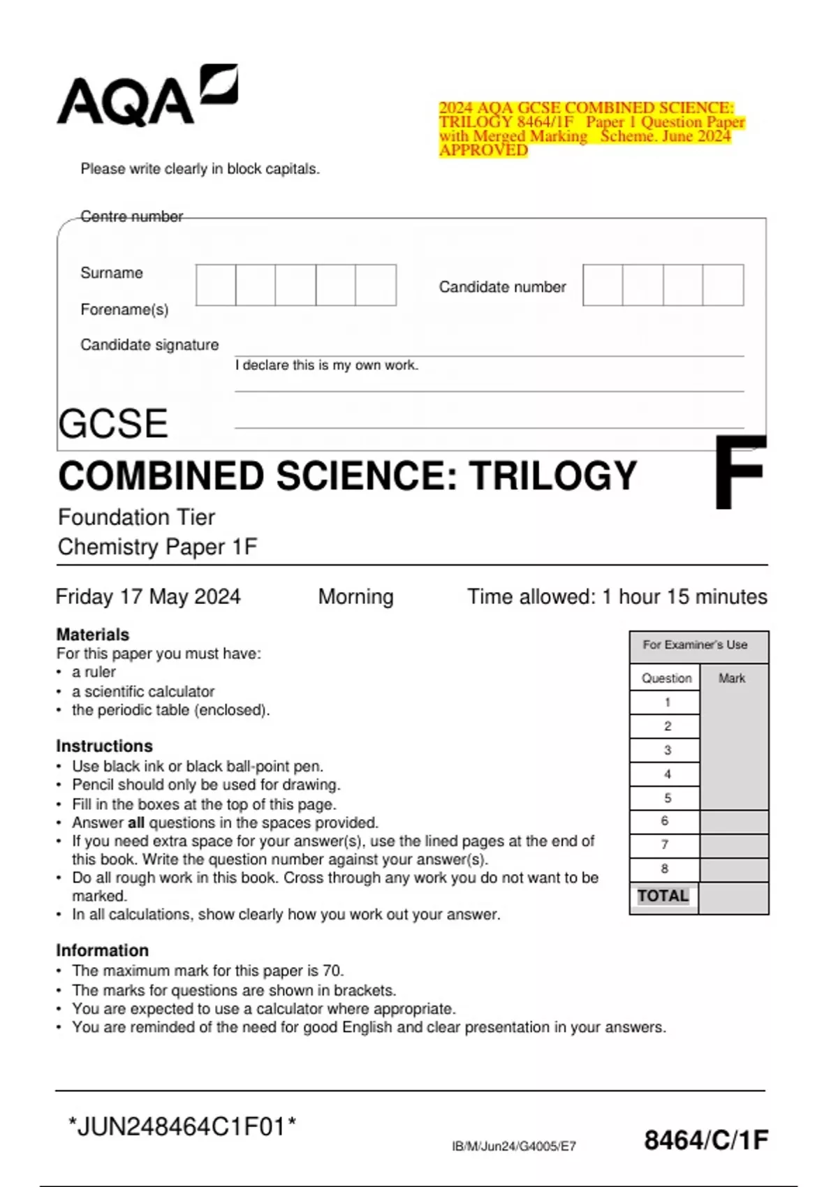 2024 AQA GCSE COMBINED SCIENCE: TRILOGY 8464/1F Chemistry Paper 1 ...