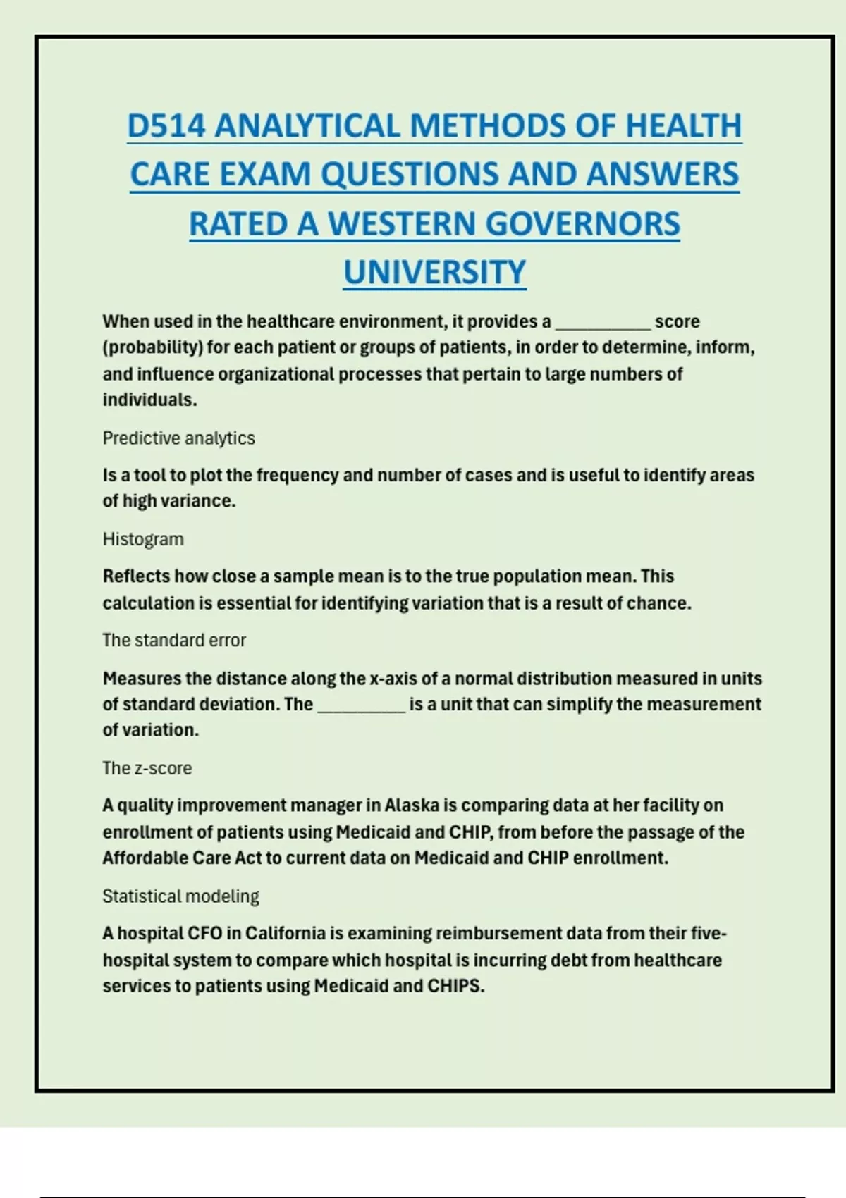 D514 ANALYTICAL METHODS OF HEALTH CARE EXAM QUESTIONS AND ANSWERS RATED ...