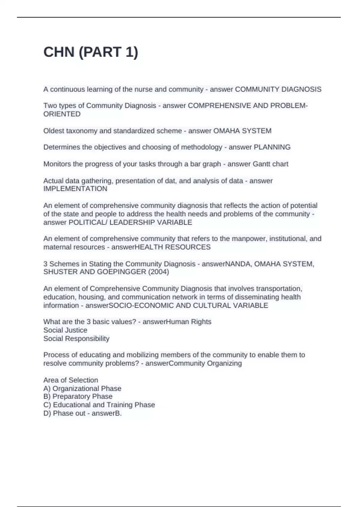 CHN (PART 1) QUESTIONS AND ANSWERS 2024 - COPAR - Stuvia US