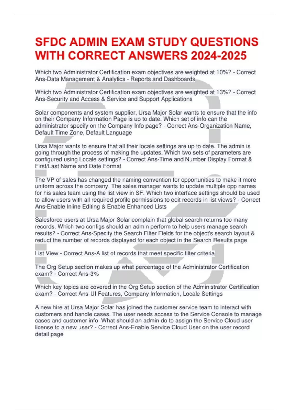 SFDC ADMIN EXAM STUDY QUESTIONS WITH CORRECT ANSWERS - SFDC ADMIN ...