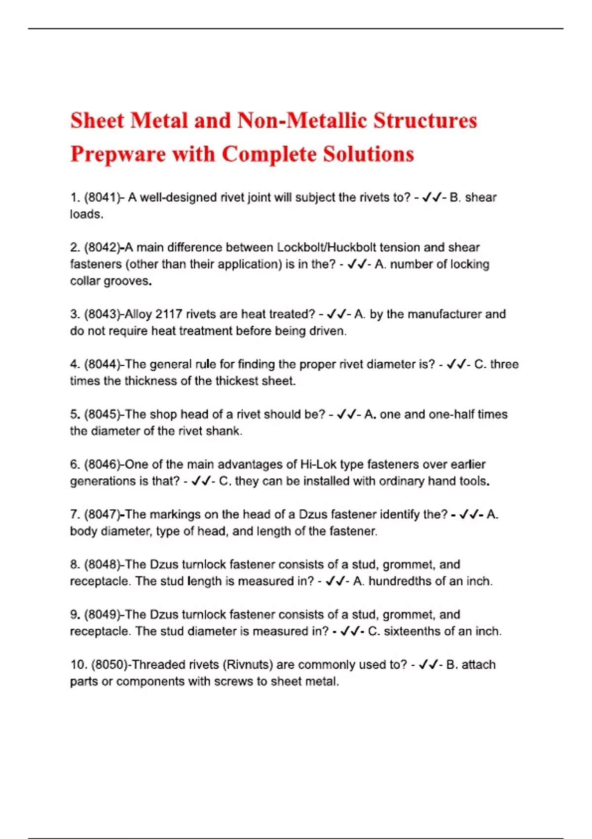 Sheet Metal and Non-Metallic Structures Prepware Questions with ...