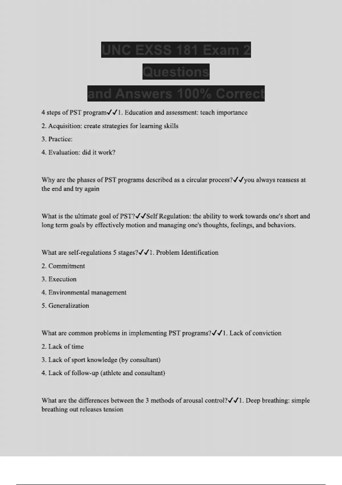 UNC EXSS 181 Exam 2 Questions with Explanations of Answers Latest ...