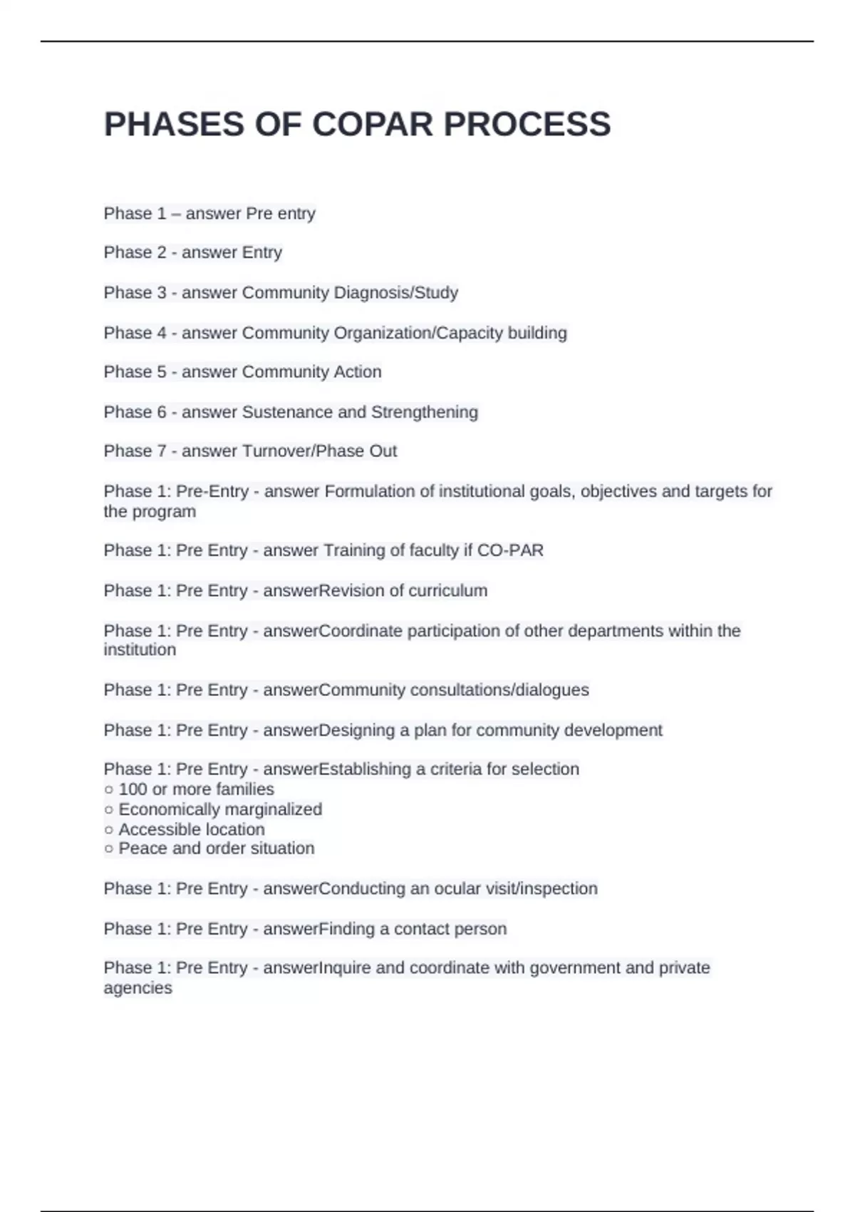 PHASES OF COPAR PROCESS QUESTIONS AND ANSWERS CORRECT - COPAR - Stuvia US