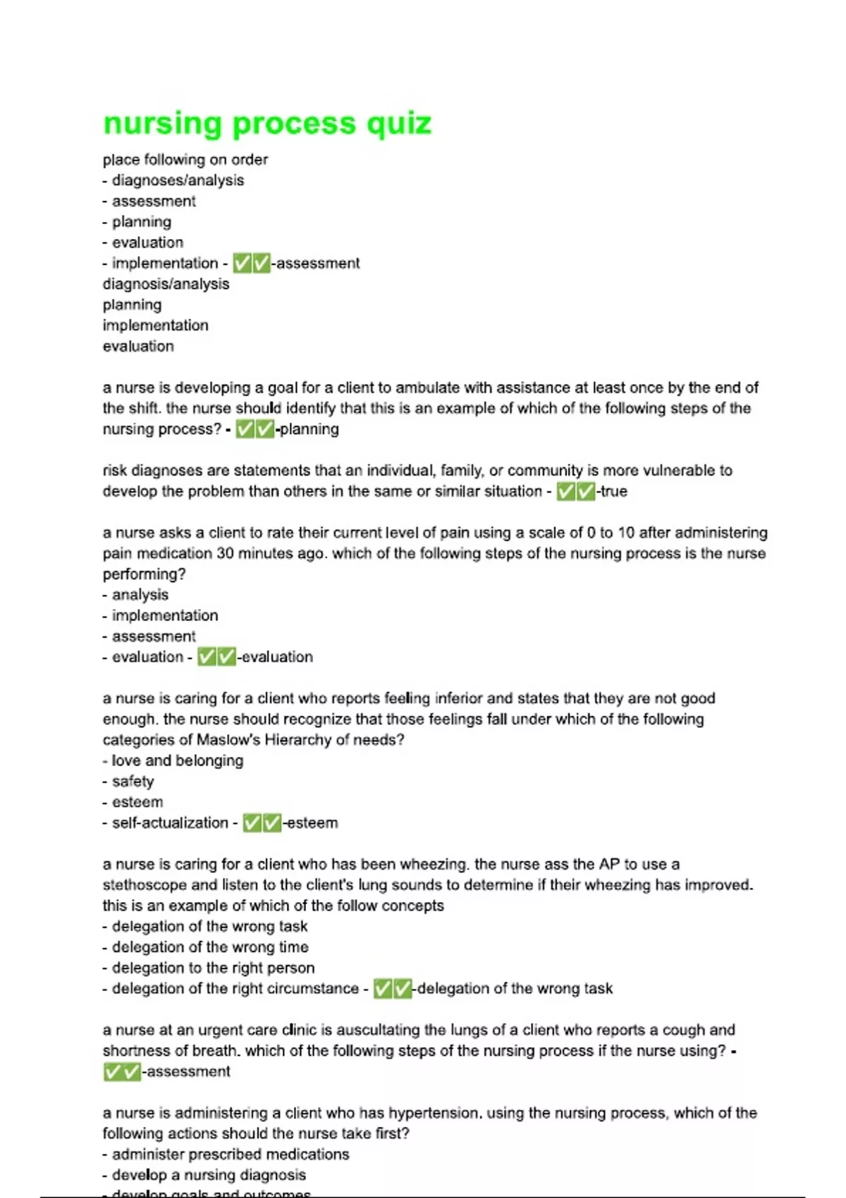 nursing process quiz Questions with Explanations of Answers Latest ...