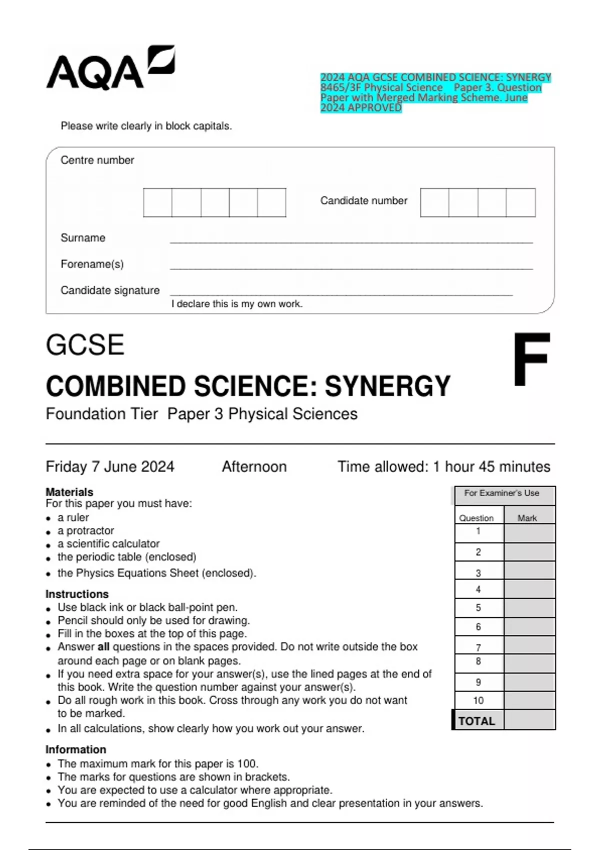 2024 AQA GCSE COMBINED SCIENCE: SYNERGY 8465/3F Physical Science Paper ...