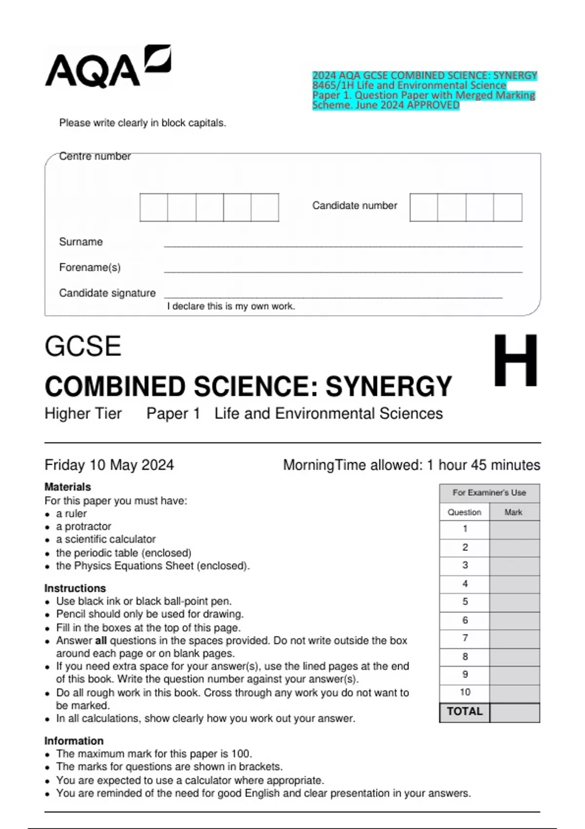 2024 AQA GCSE COMBINED SCIENCE: SYNERGY 8465/1H Life and Environmental ...
