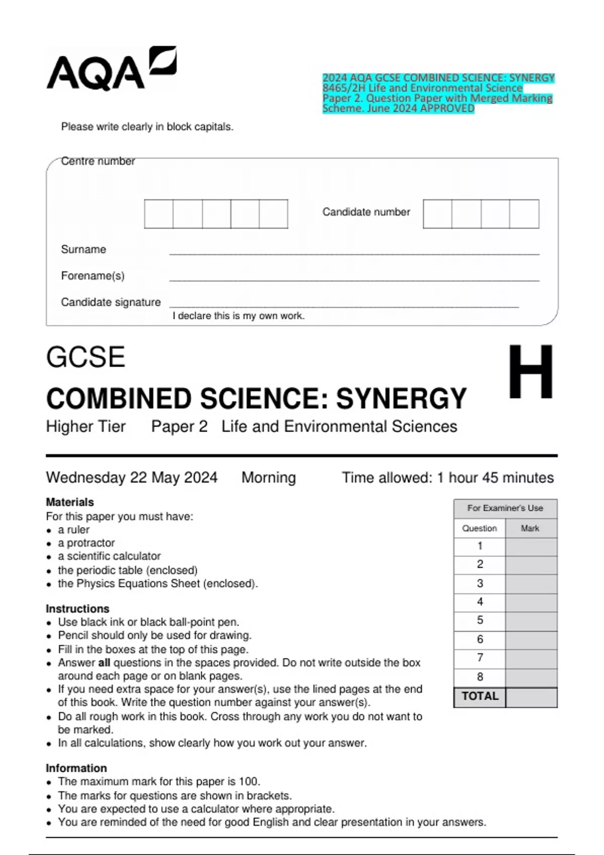 2024 AQA GCSE COMBINED SCIENCE: SYNERGY 8465/2H Life and Environmental ...