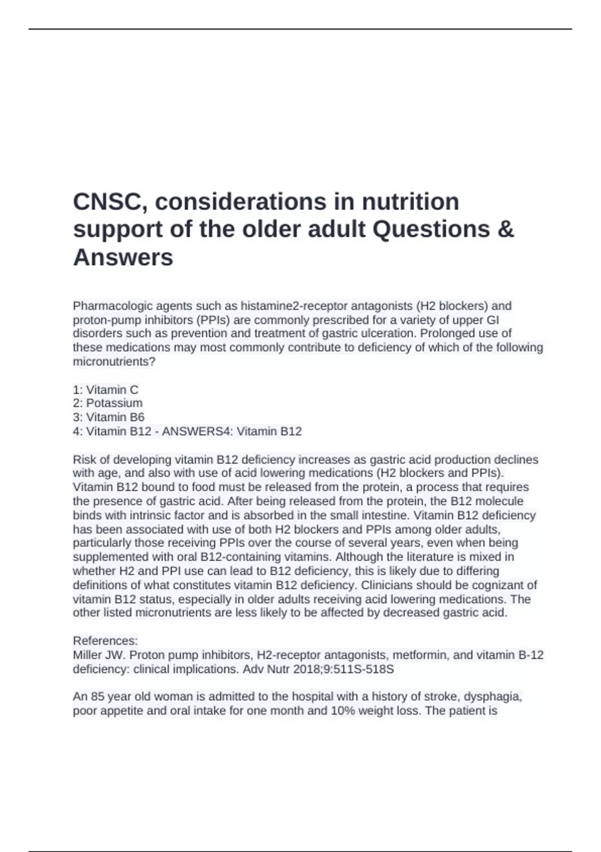 CNSC, considerations in nutrition support of the older adult Questions ...