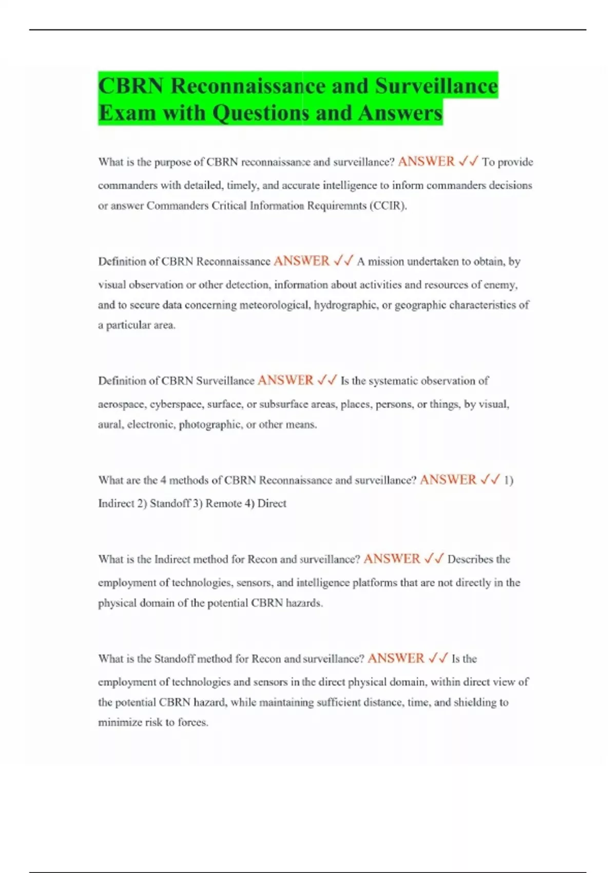 CBRN Reconnaissance and Surveillance Exam with Questions and Answers - Cbrn - Stuvia US