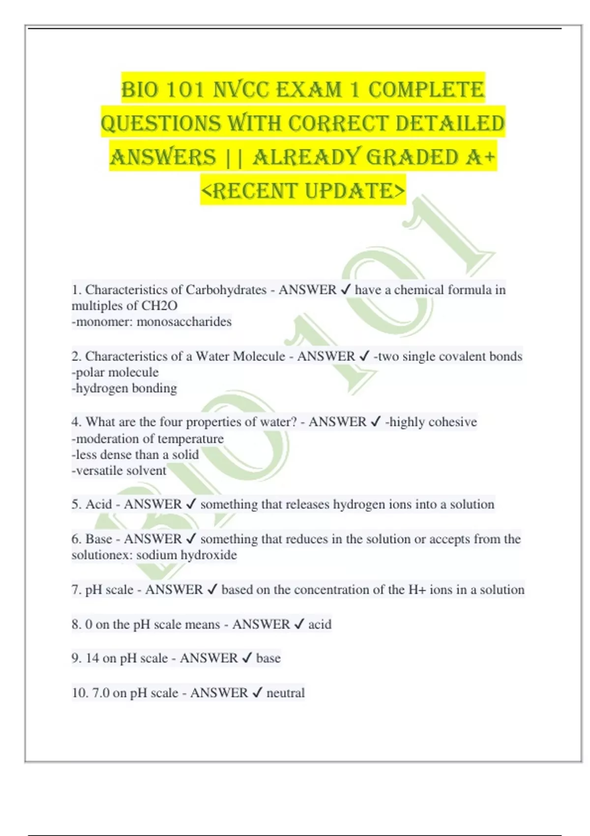 COMBINED SET FOR BIO 101 NVCC 1,2,3,LAB&FINAL EXAM QUESTIONS WITH ...