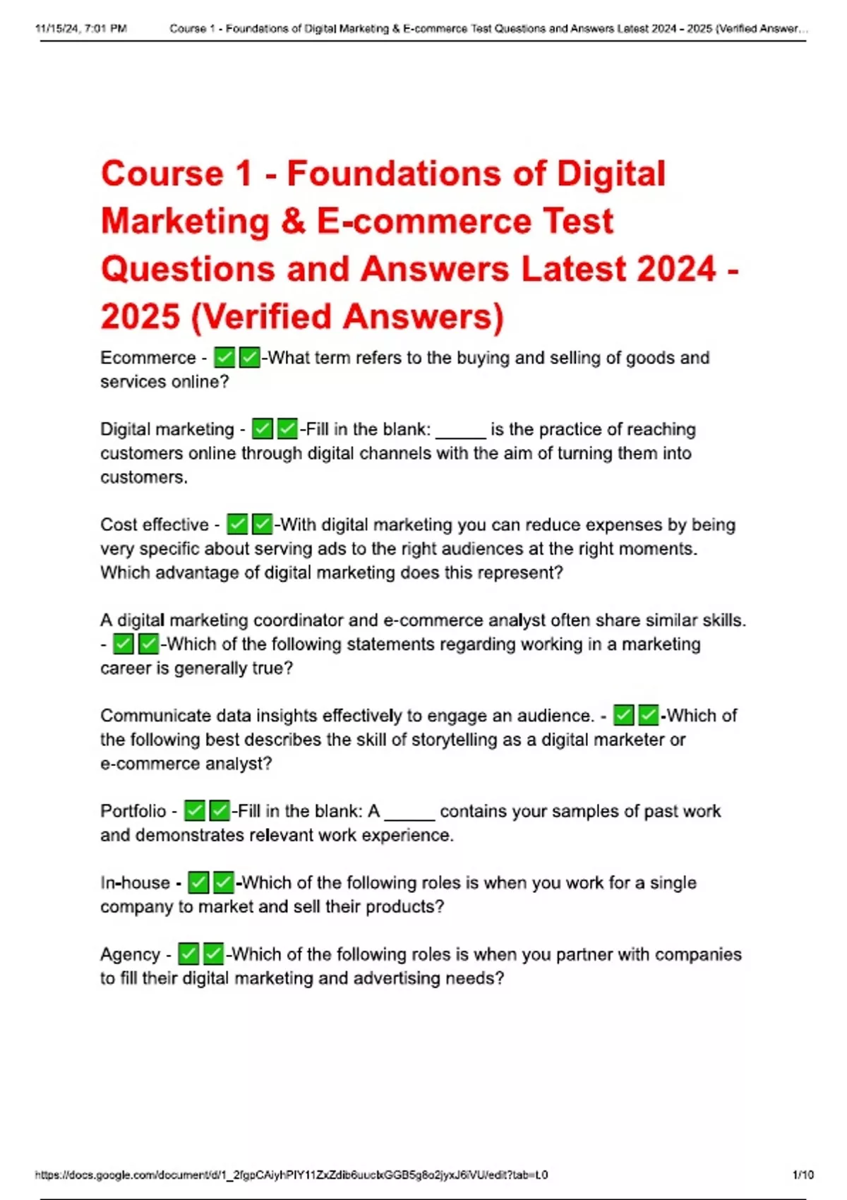 Course 1 - Foundations of Digital Marketing & E-commerce Test Questions ...