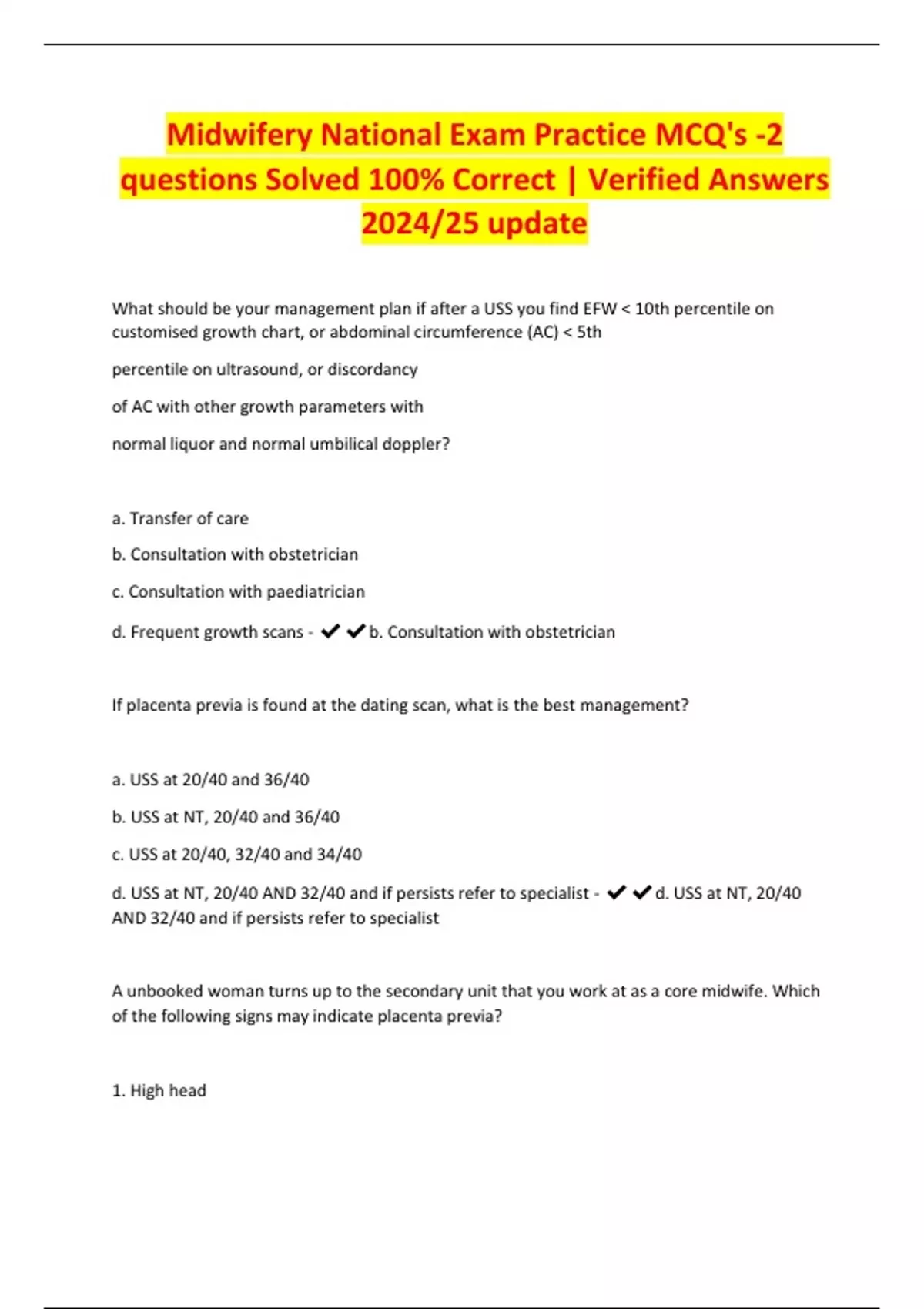 Midwifery National Exam Practice MCQ's -2 questions Solved 100% Correct ...