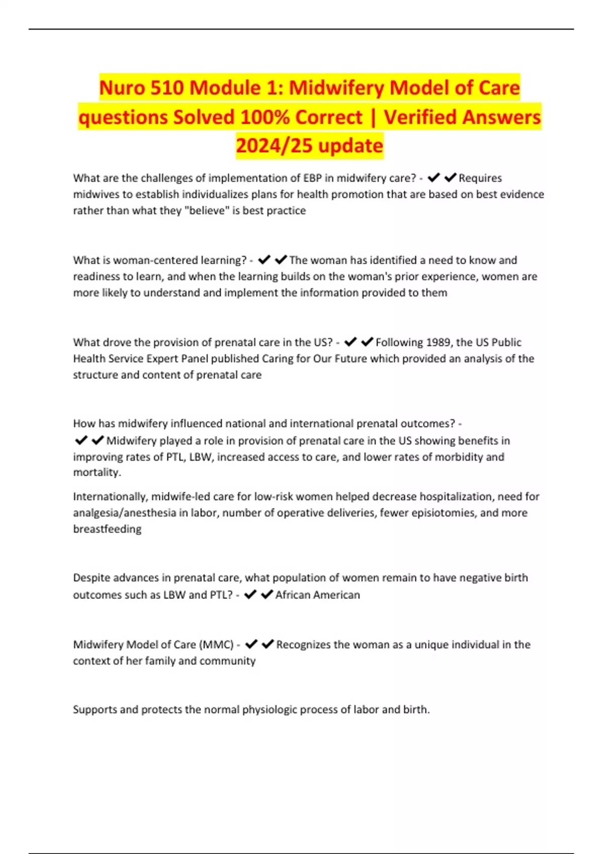 Nuro 510 Module 1: Midwifery Model of Care questions Solved 100% Correct | Verified Answers 2024 ...
