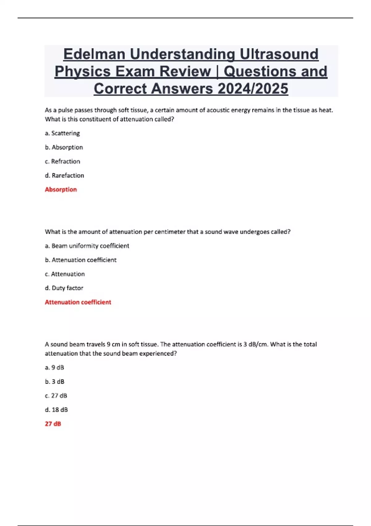 Edelman Understanding Ultrasound Physics Exam Questions with ...