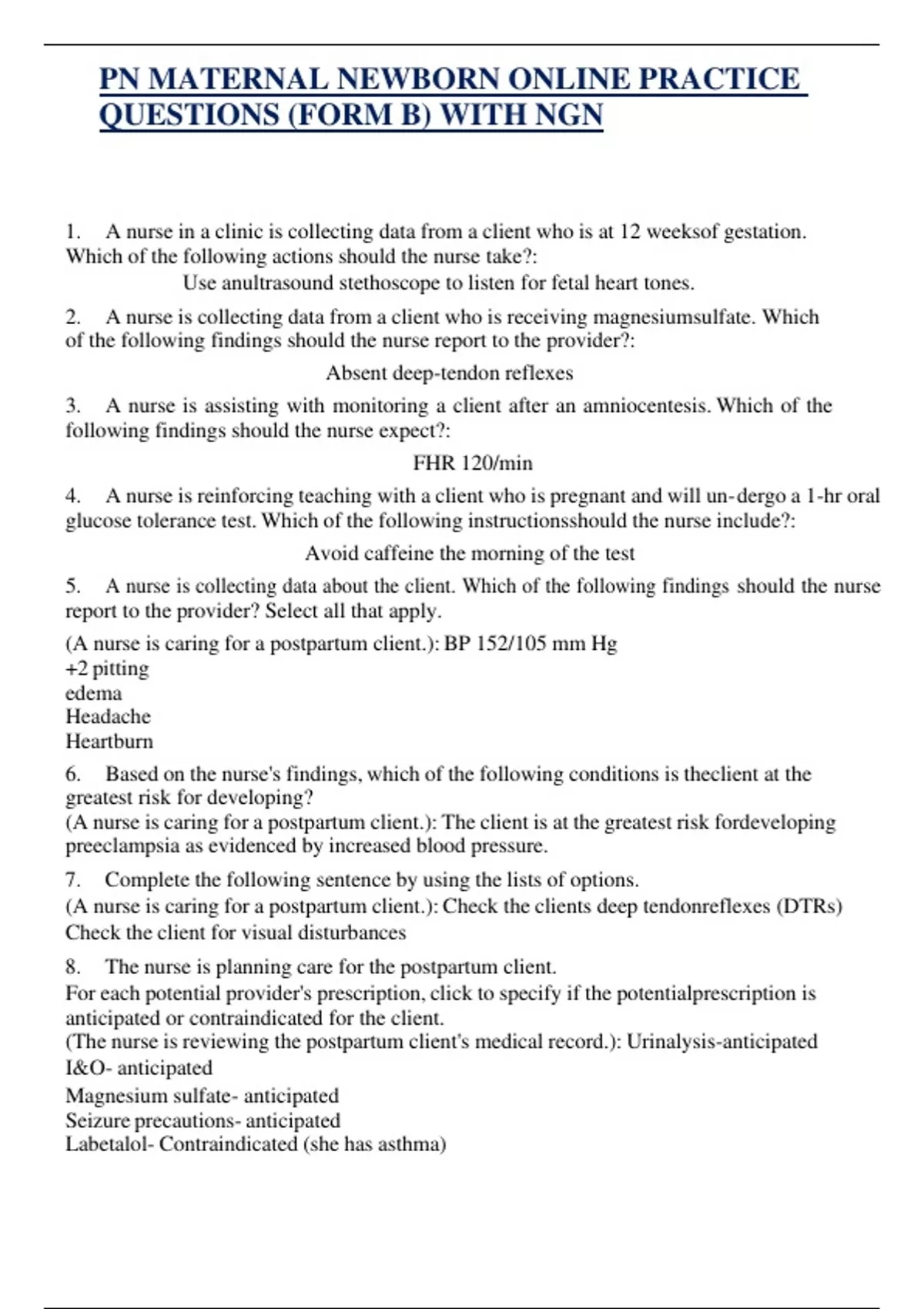 PN MATERNAL NEWBORN ONLINE PRACTICE QUESTIONS (FORM B) NGN 2024/2025 ...