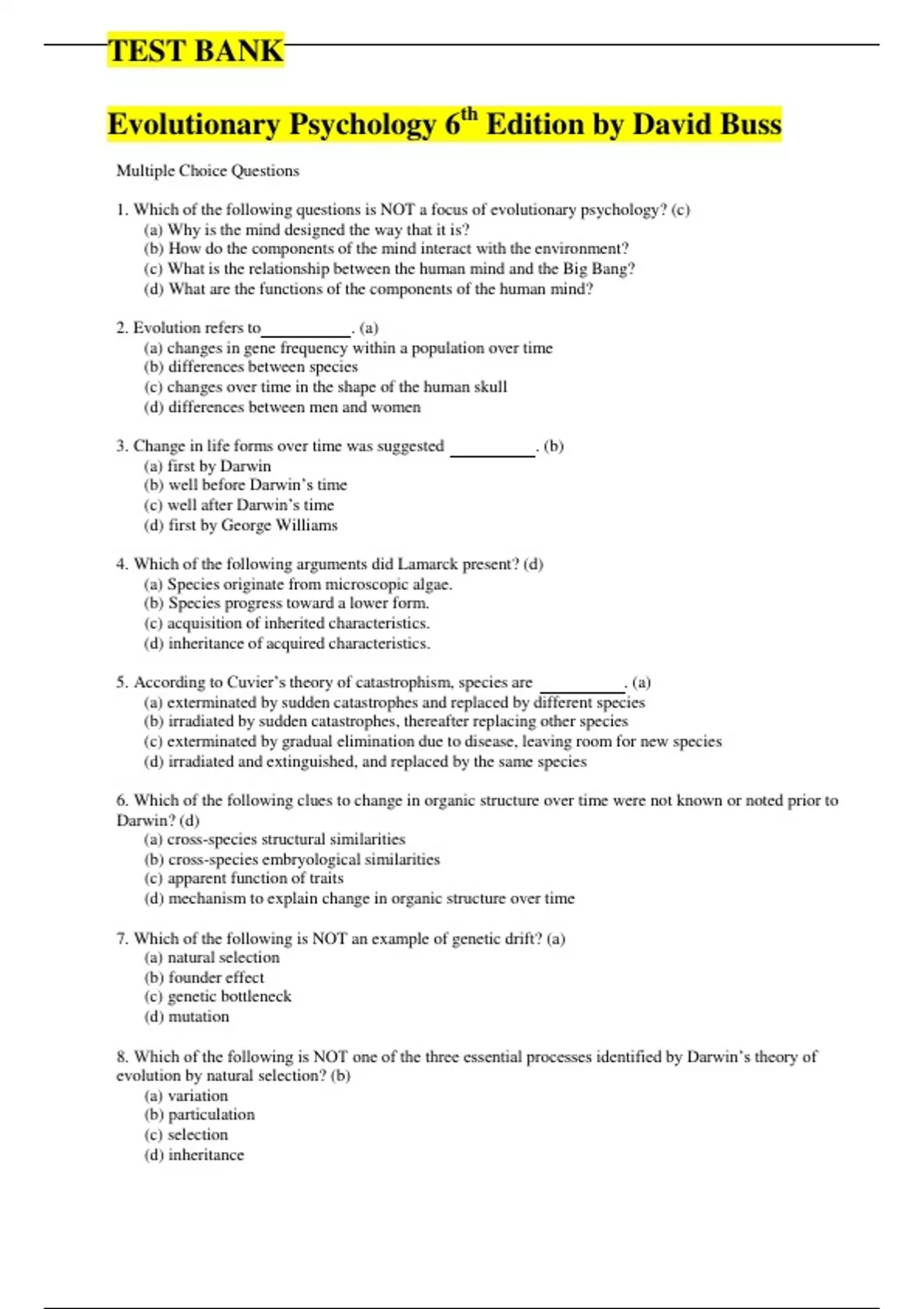 Test Bank for Evolutionary Psychology: The New Science of the Mind 6th ...