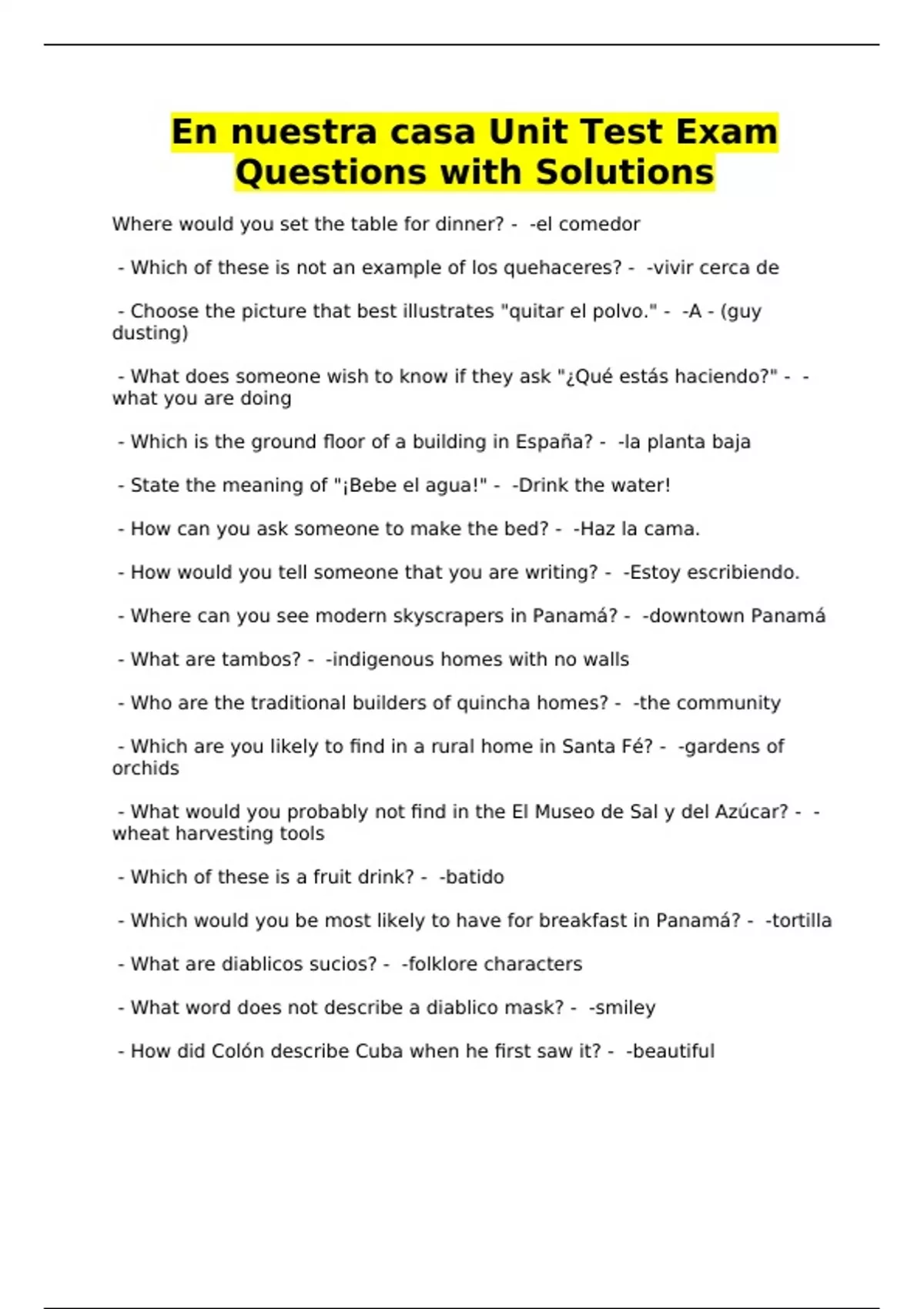 En nuestra casa Unit Test Exam Questions with Solutions - En nuestra ...