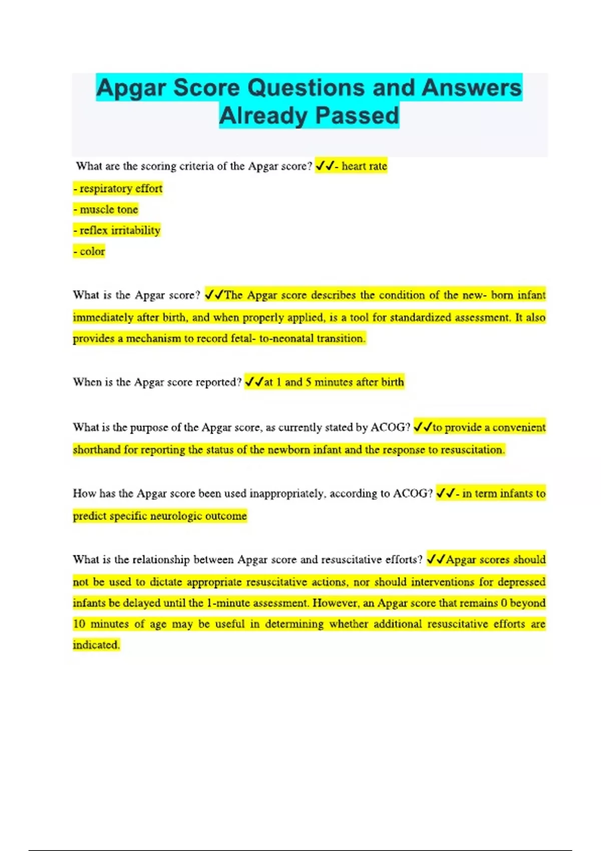 Apgar Questions with Explanations of Answers Latest Update 2025 / 2026 ...