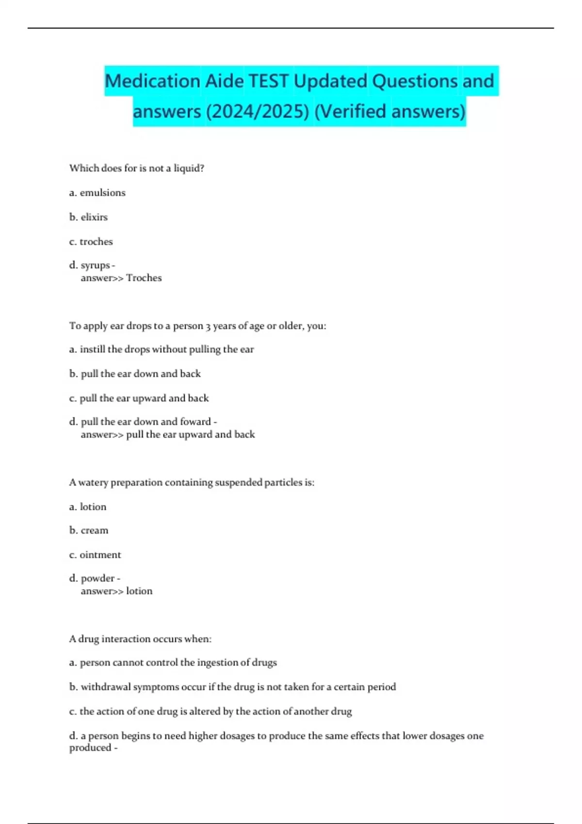 STUDY BUNDLE for Medication Aide Exam 2025 / 2026 Expected Questions ...