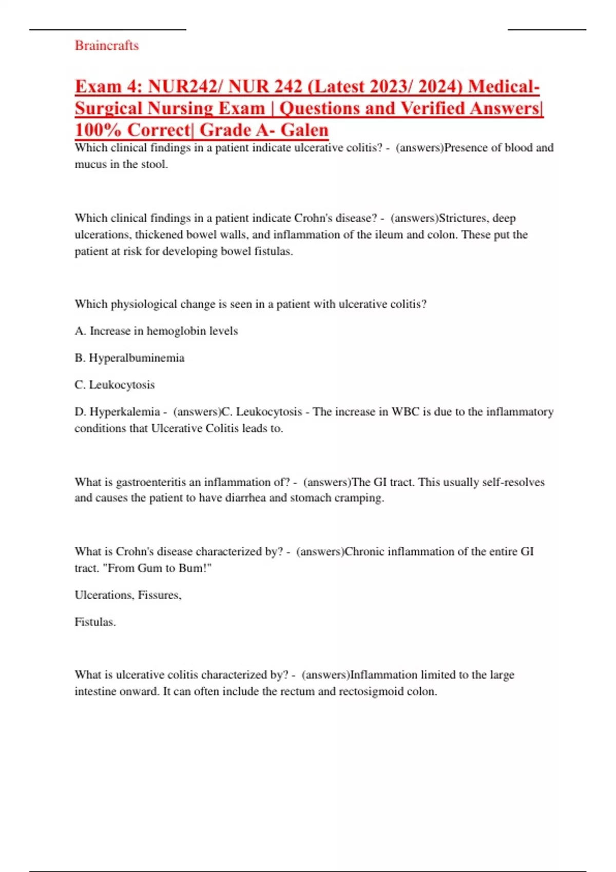 Exam 4: NUR242/ NUR 242 (Latest 2023/ 2024) Medical-Surgical Nursing ...