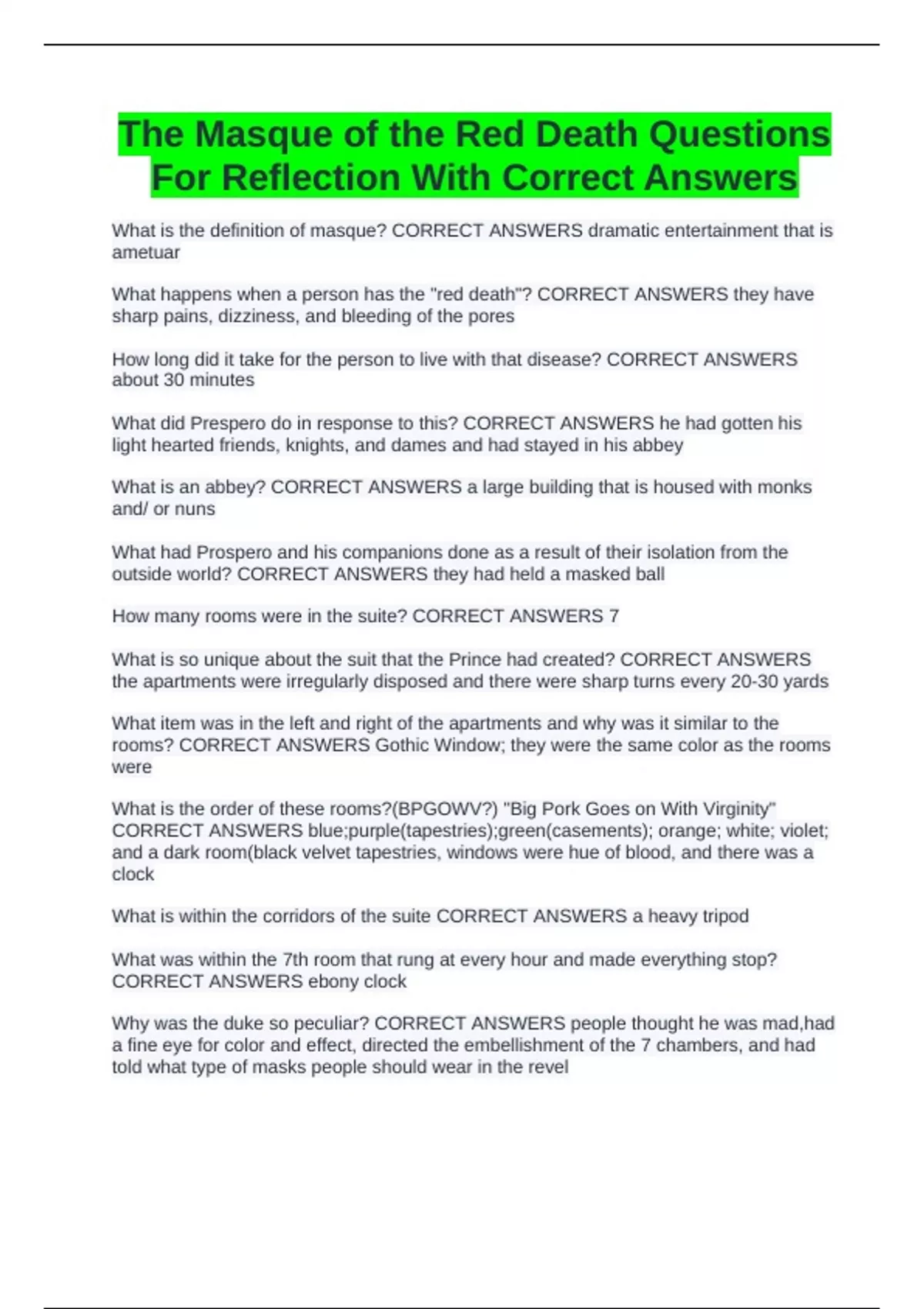 The Masque of the Red Death Questions For Reflection With Correct ...