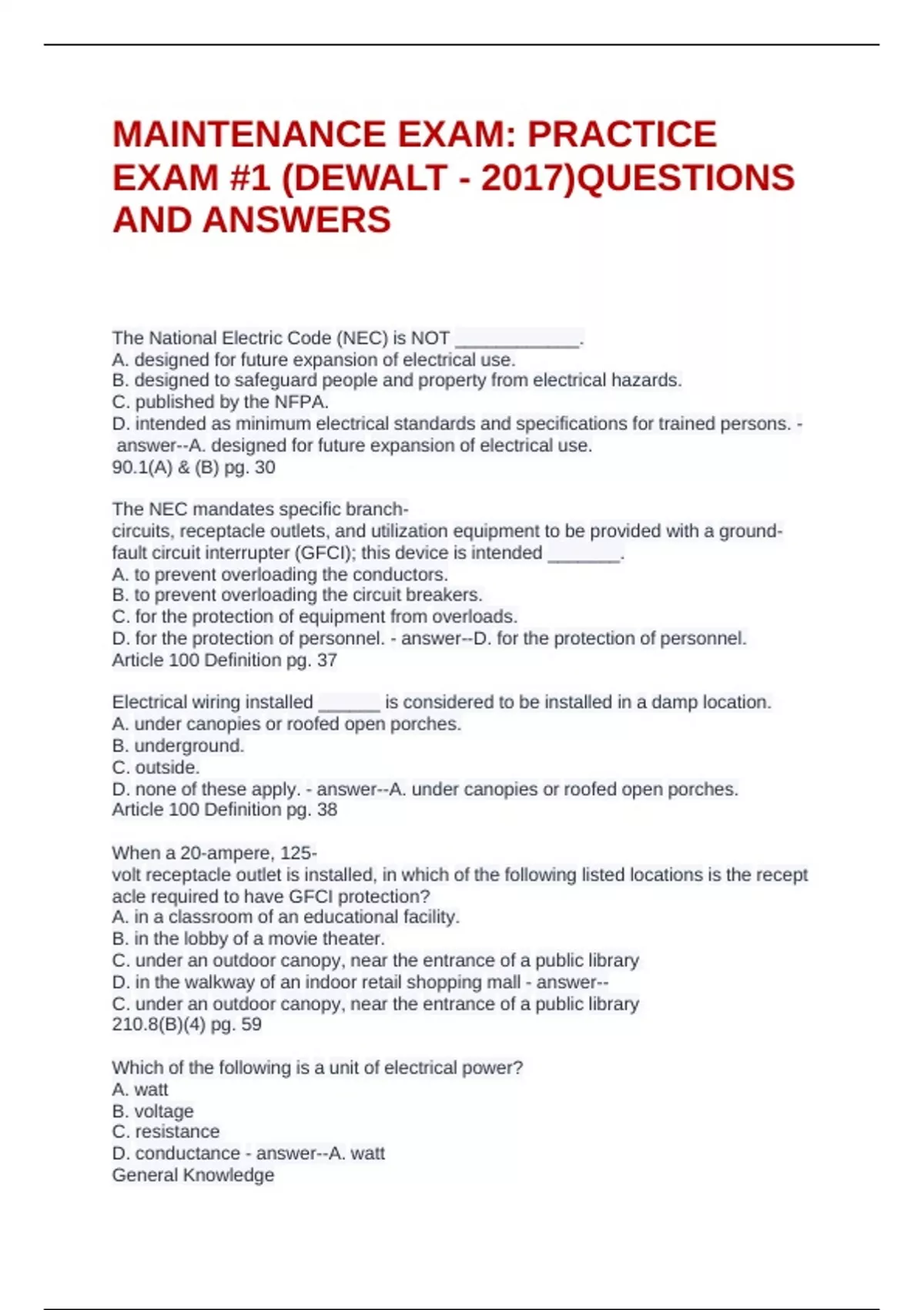 MAINTENANCE EXAM: PRACTICE EXAM #1 (DEWALT - 2017)QUESTIONS AND ANSWERS ...
