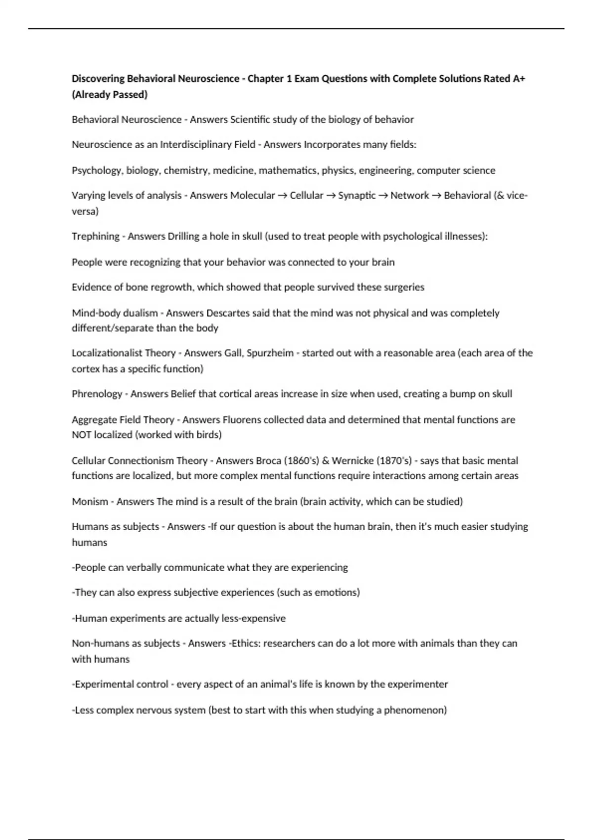 Discovering Behavioral Neuroscience - Chapter 1 Exam Questions with ...